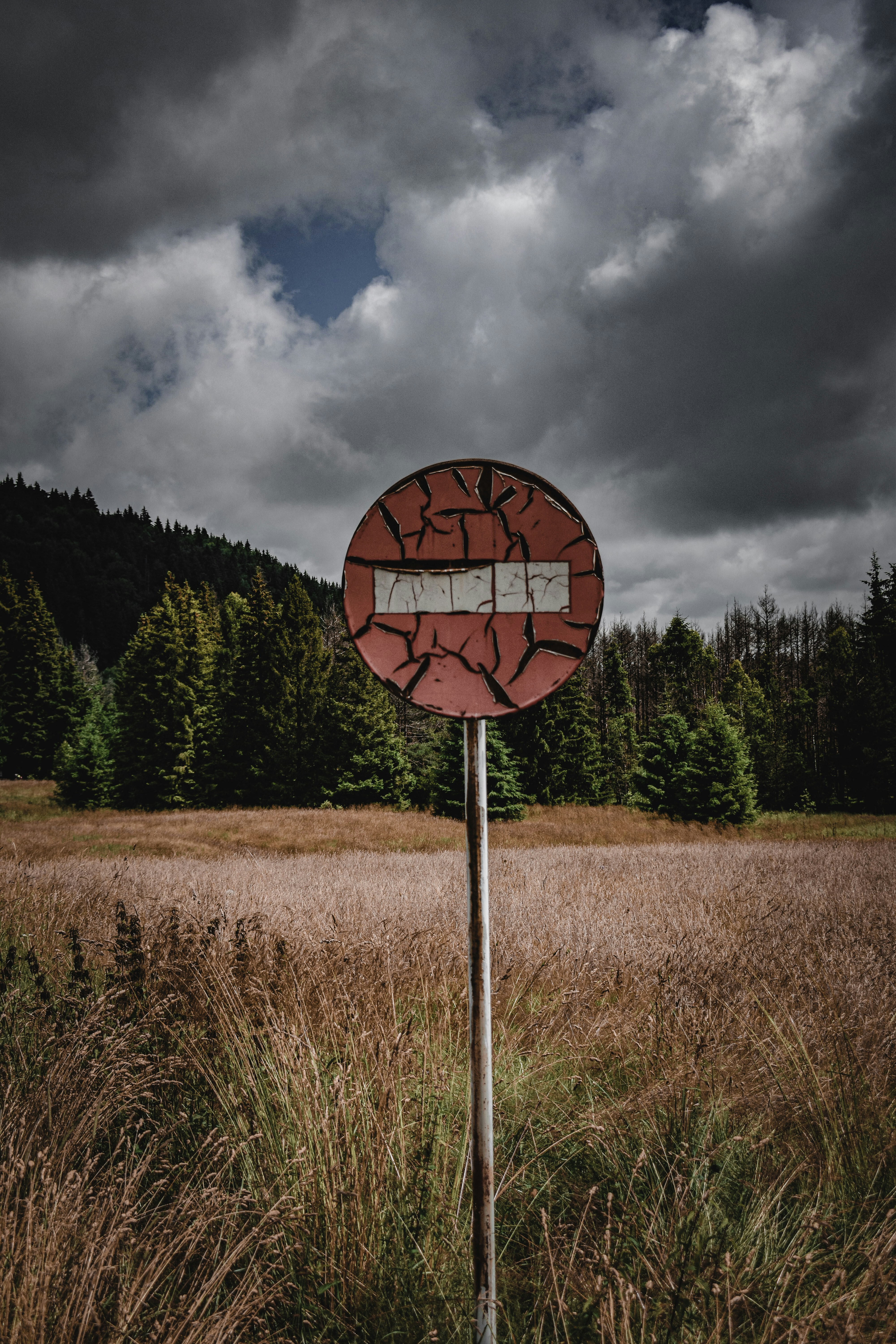 Cracked Red Sign in Open Field Faces a Stormy Sky
