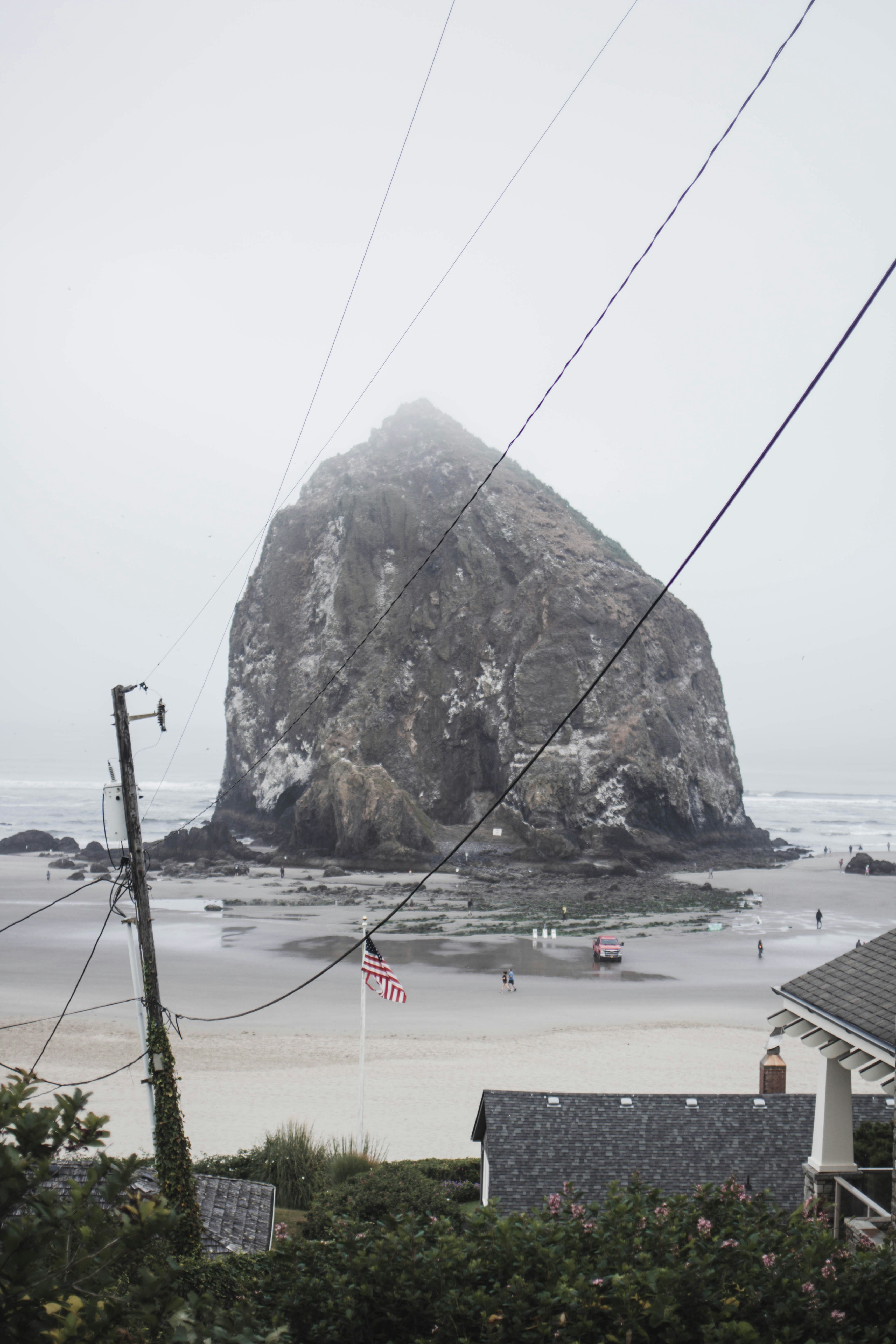 Sea Stack in Mist: A Quiet Coastal Moment Framed by Wires and Waterfront Homes