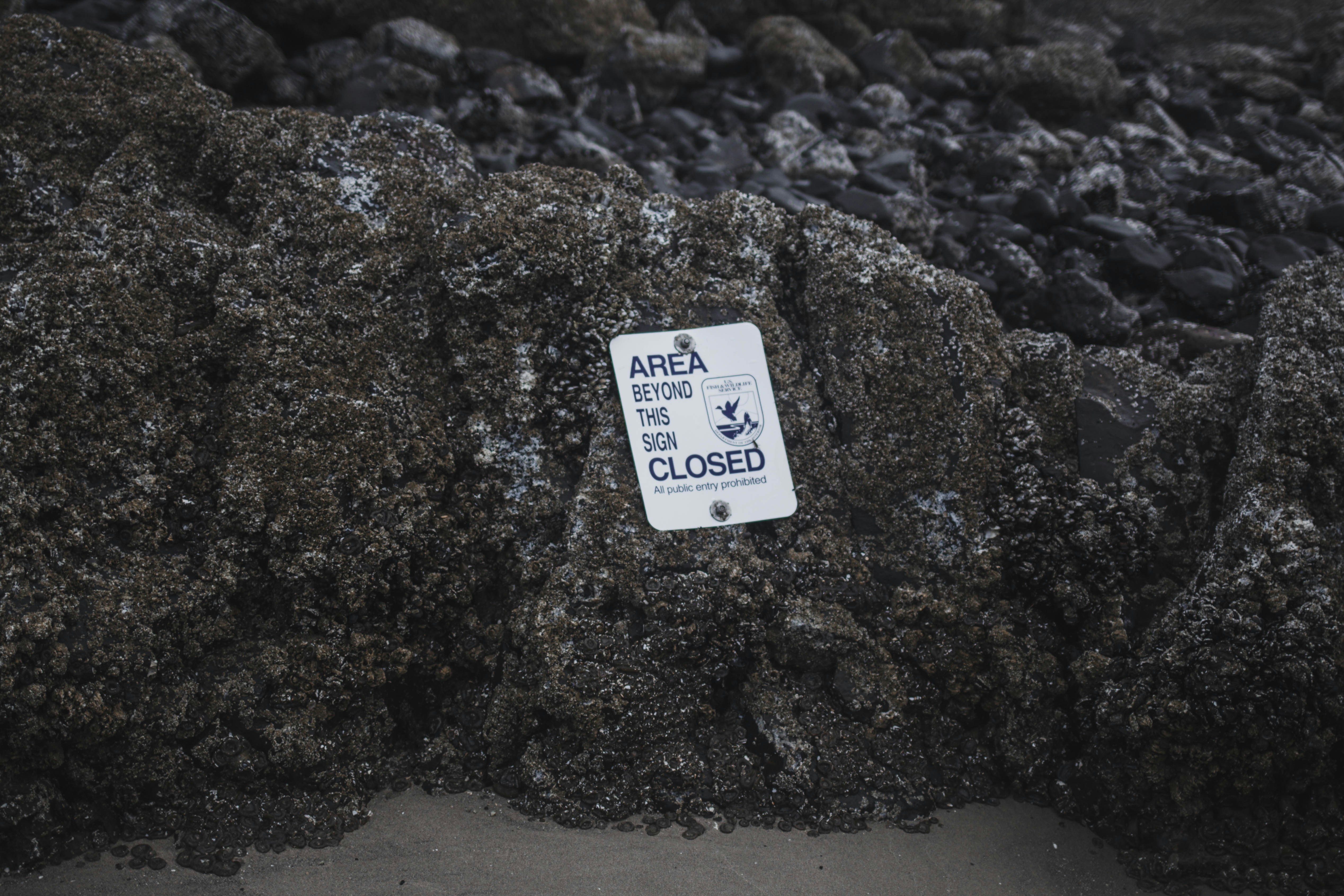 Sign indicating a closed area amidst rugged coastal rocks, highlighting the boundary between safety and exploration.
