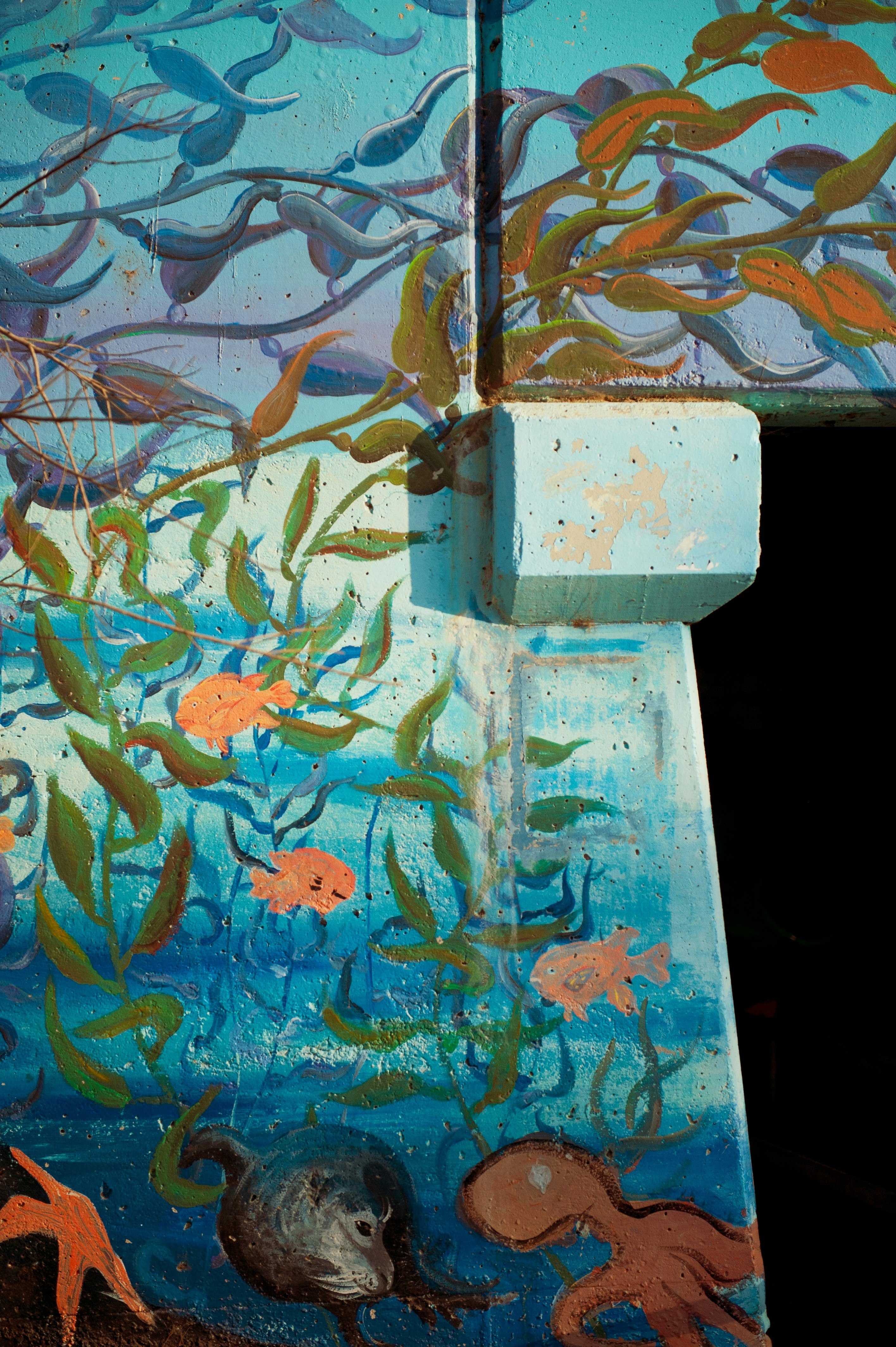 Undersea Geometry: A Weathered Mural Framing a Concrete Corner