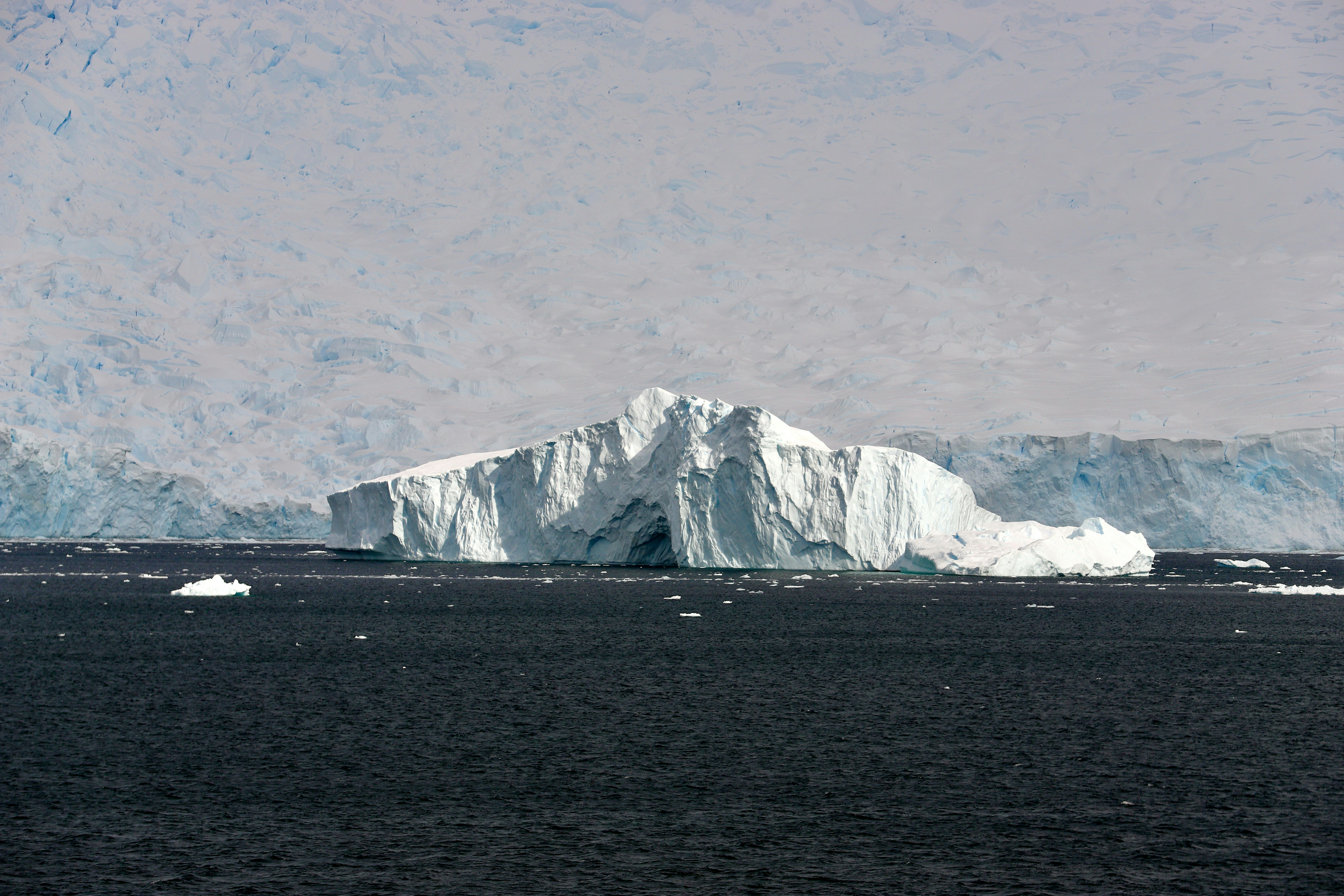 Massive iceberg floating in dark waters, surrounded by smaller ice fragments under a pale sky.
