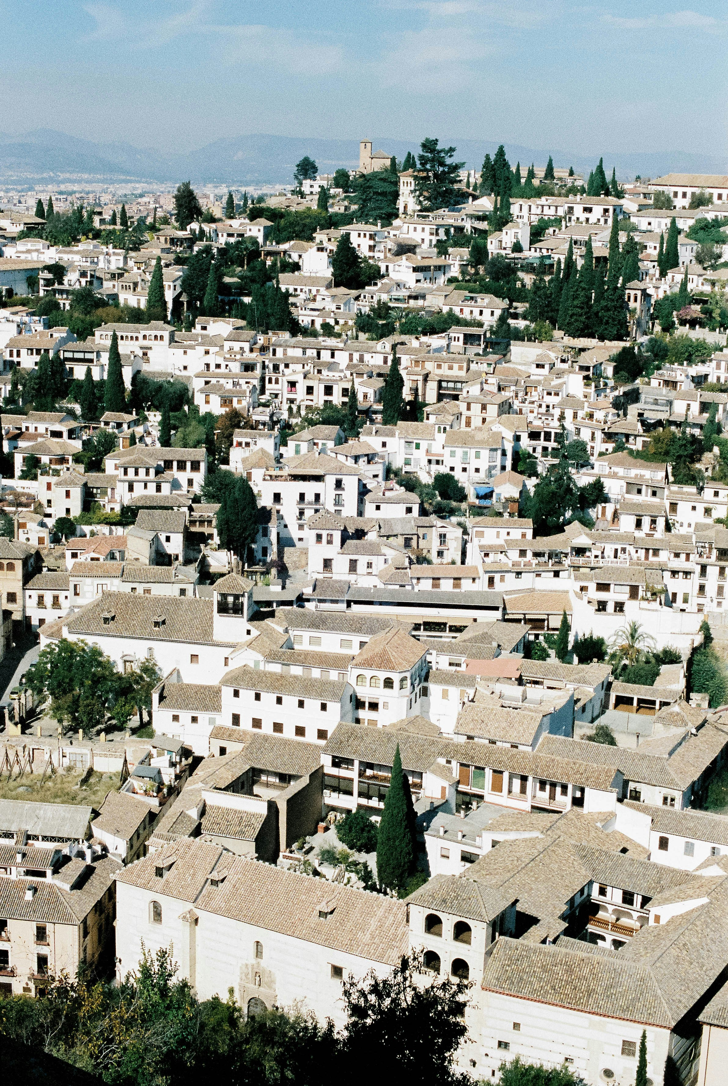 A panoramic view of Granada showcasing a mosaic of traditional buildings nestled among lush greenery and distant hills.