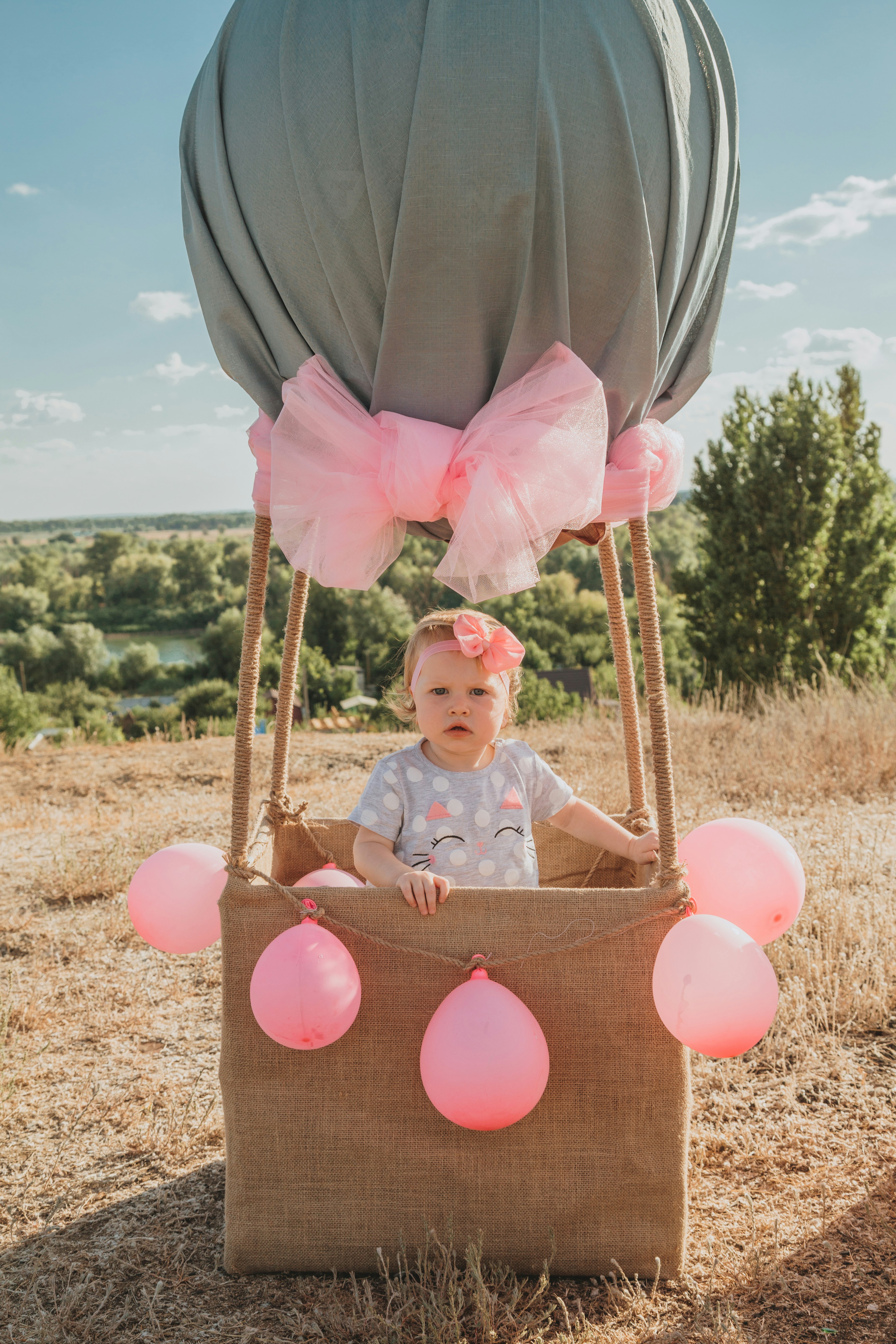 Pink Balloon Basket: A Sunlit Moment in the Open Field