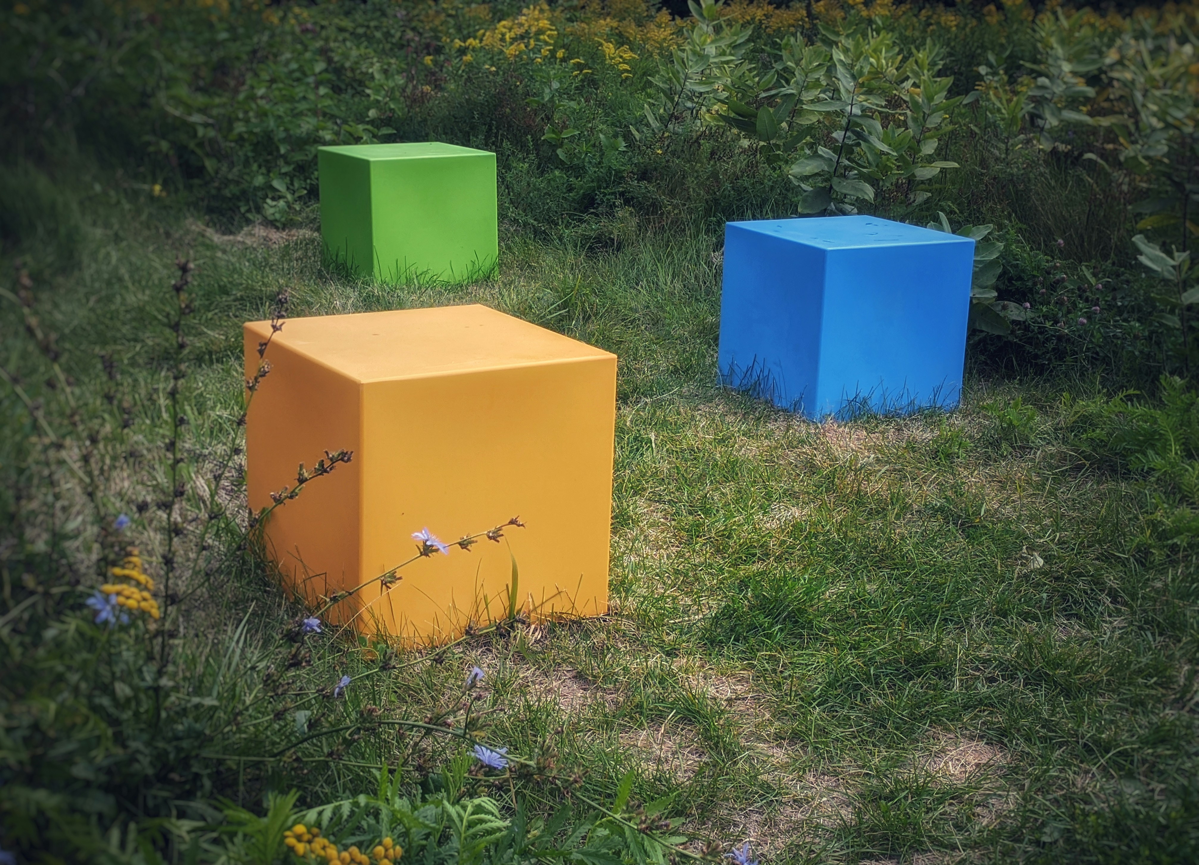Three vibrant geometric cubes in green, blue, and orange set against a lush grassy backdrop, showcasing a playful interaction between art and nature.