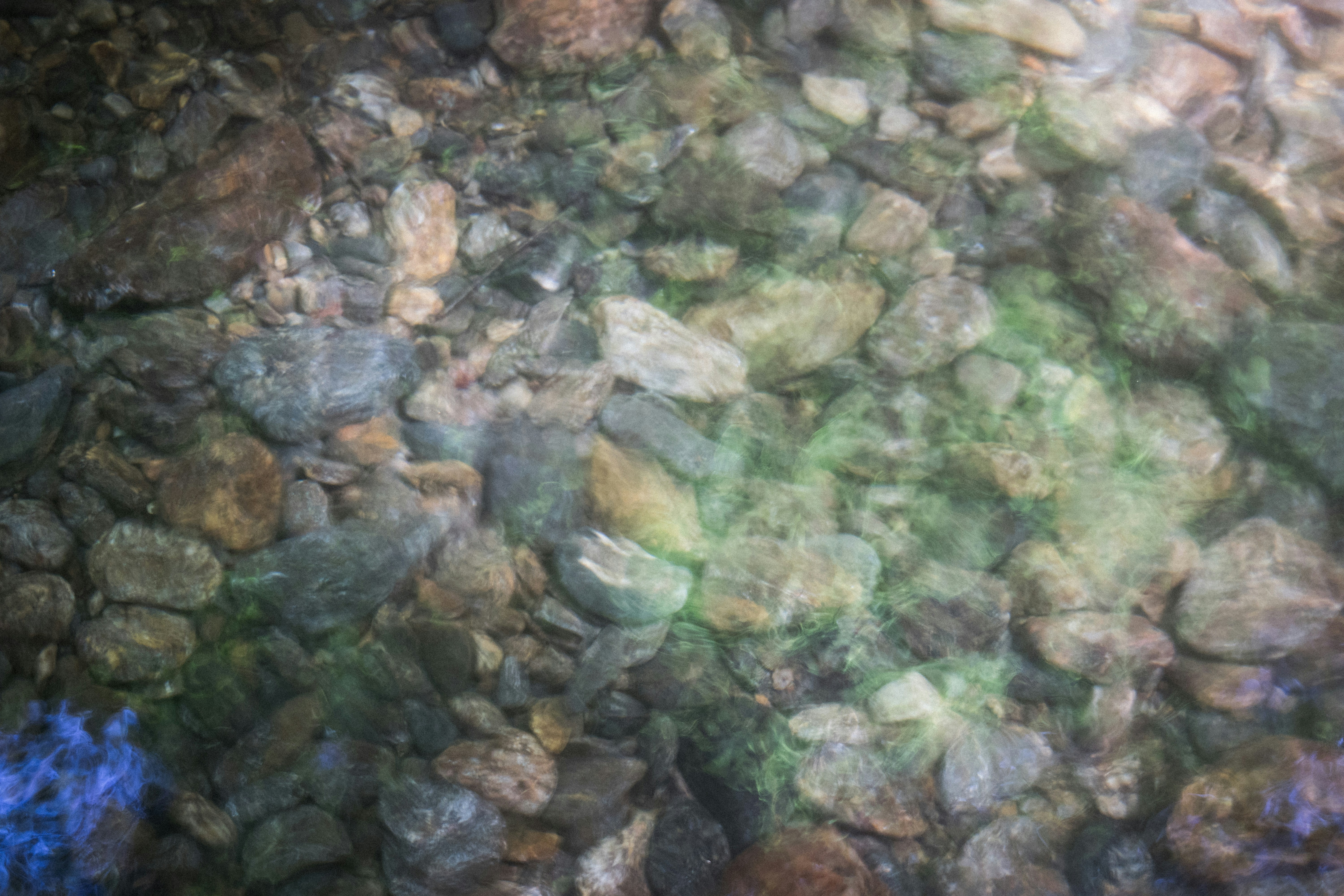 Clear water revealing a mosaic of colorful stones and pebbles below, with gentle ripples distorting the view.