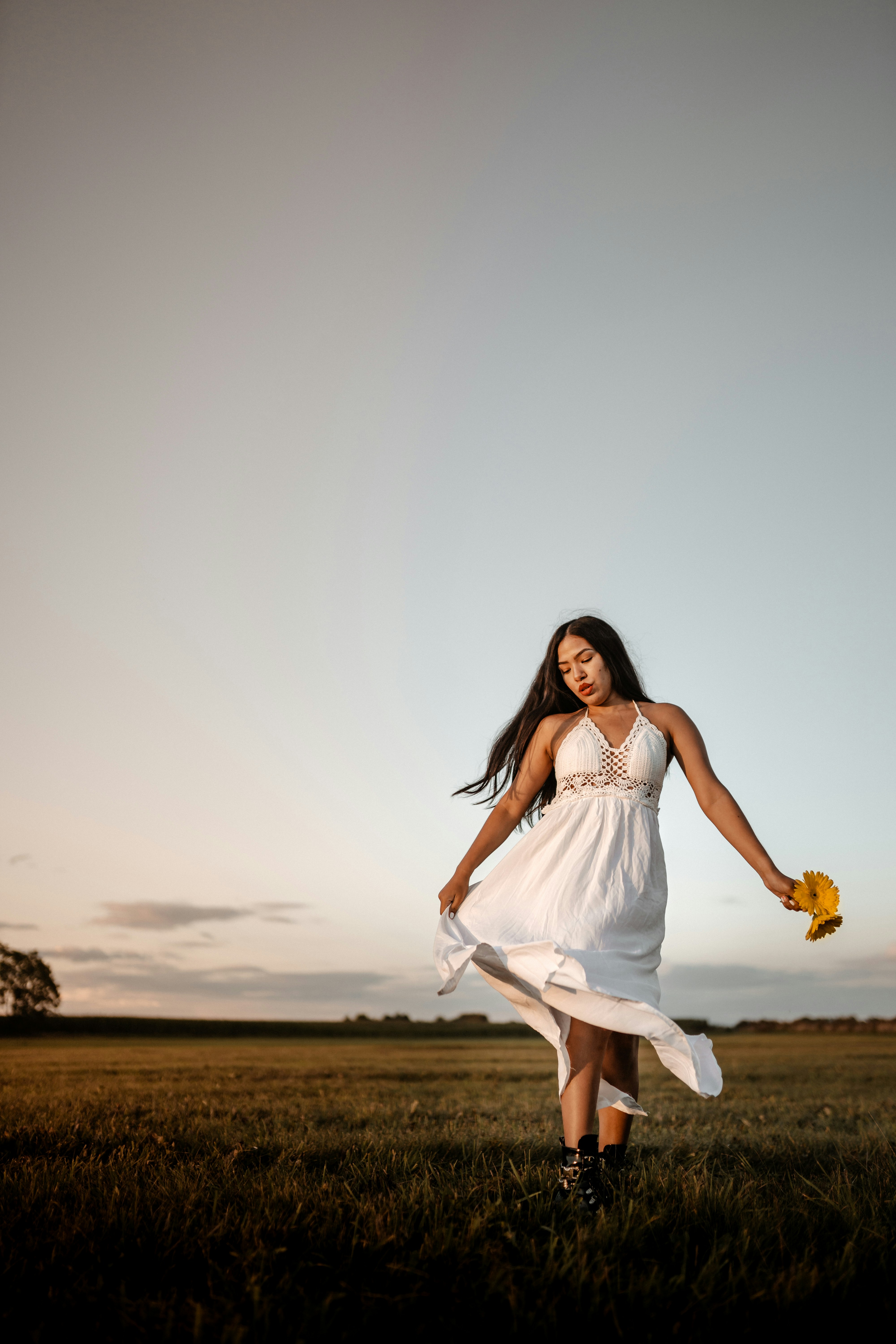 Sunset Waltz in a Field: White Dress and a Sunflower