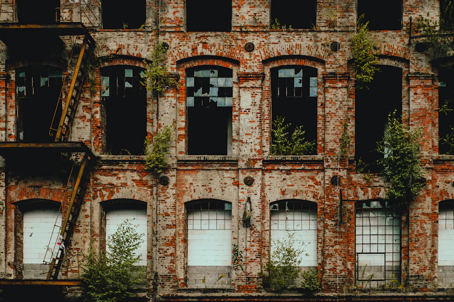Derelict brick factory wall with arched openings, overrun by ivy and weeds; a rusted fire escape hints at its industrial past.