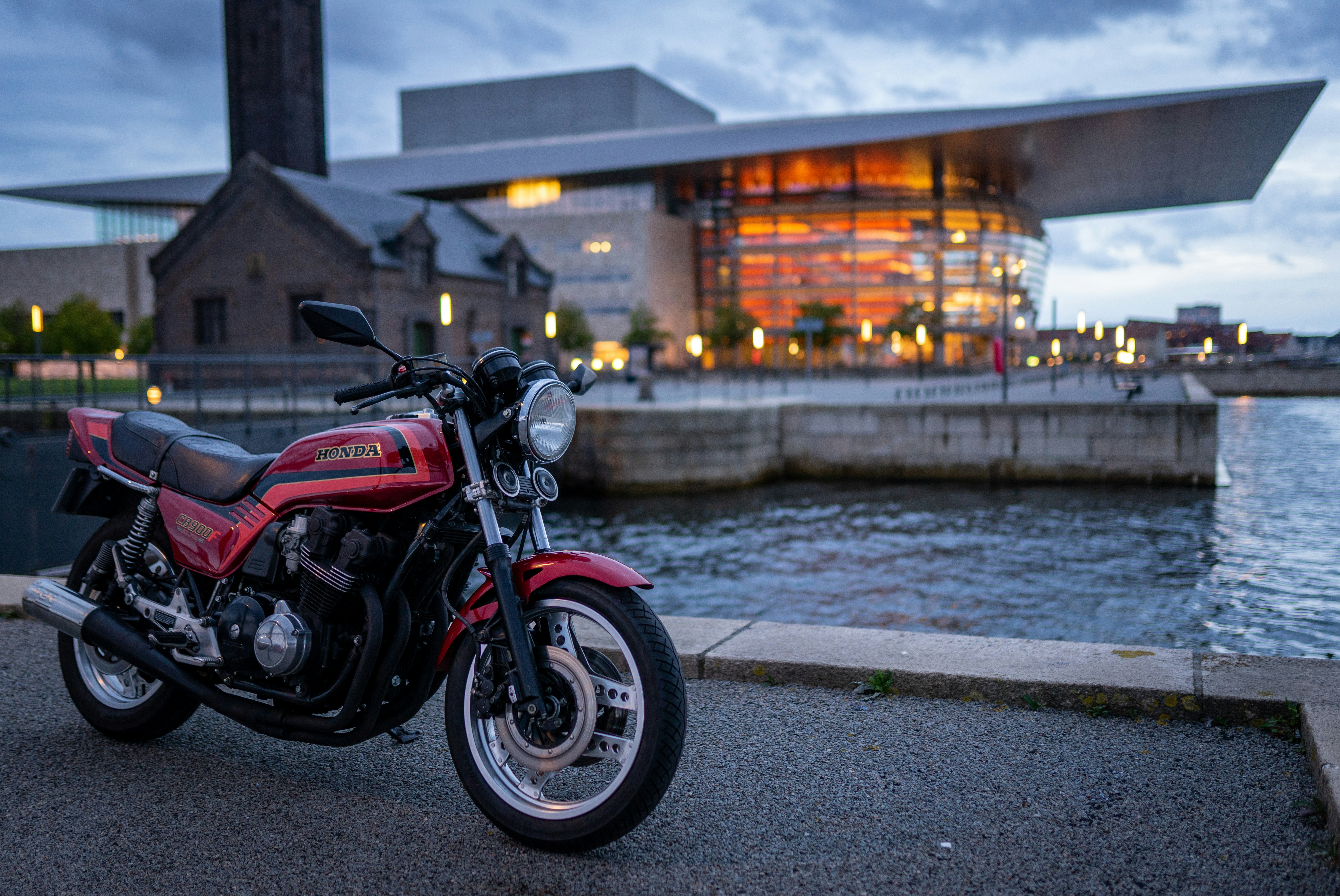 Crimson Classic by the Waterfront at Blue Hour