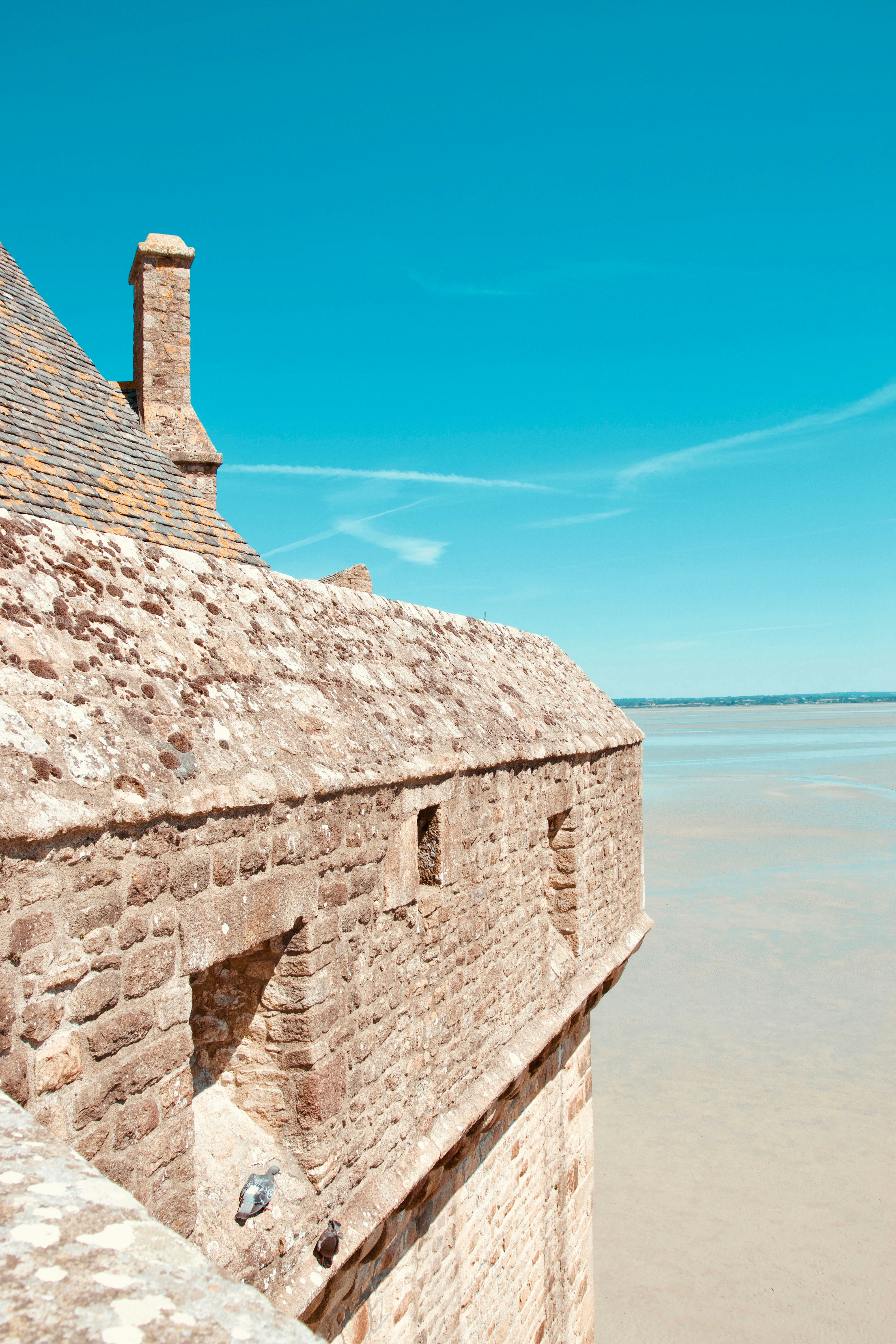 Stone wall of a coastal fortification under a bright blue sky, with a hint of the sea in the background. A pigeon rests near the wall.