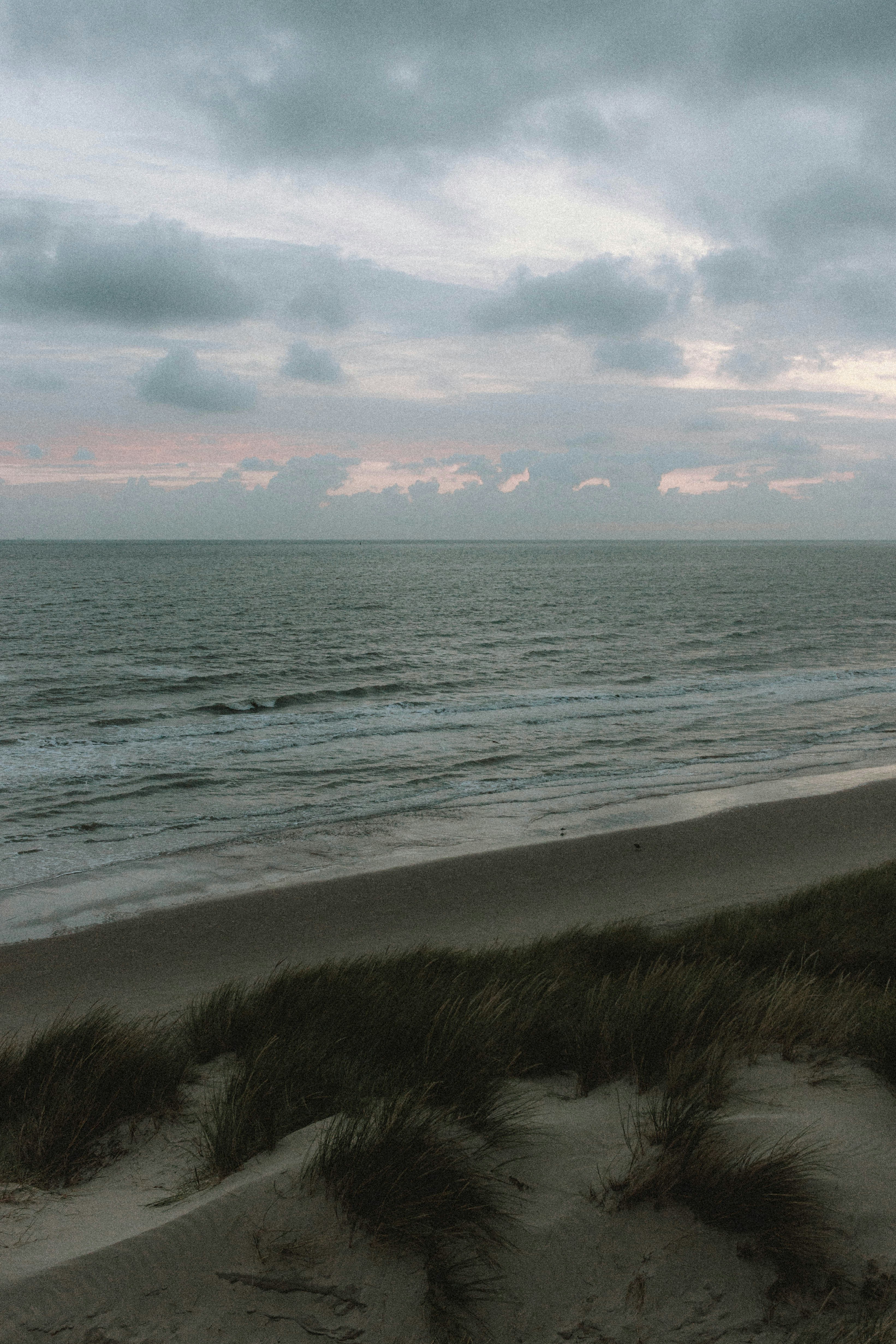 Gentle waves lap against a sandy shore, framed by lush dune grass under a moody sky at twilight.