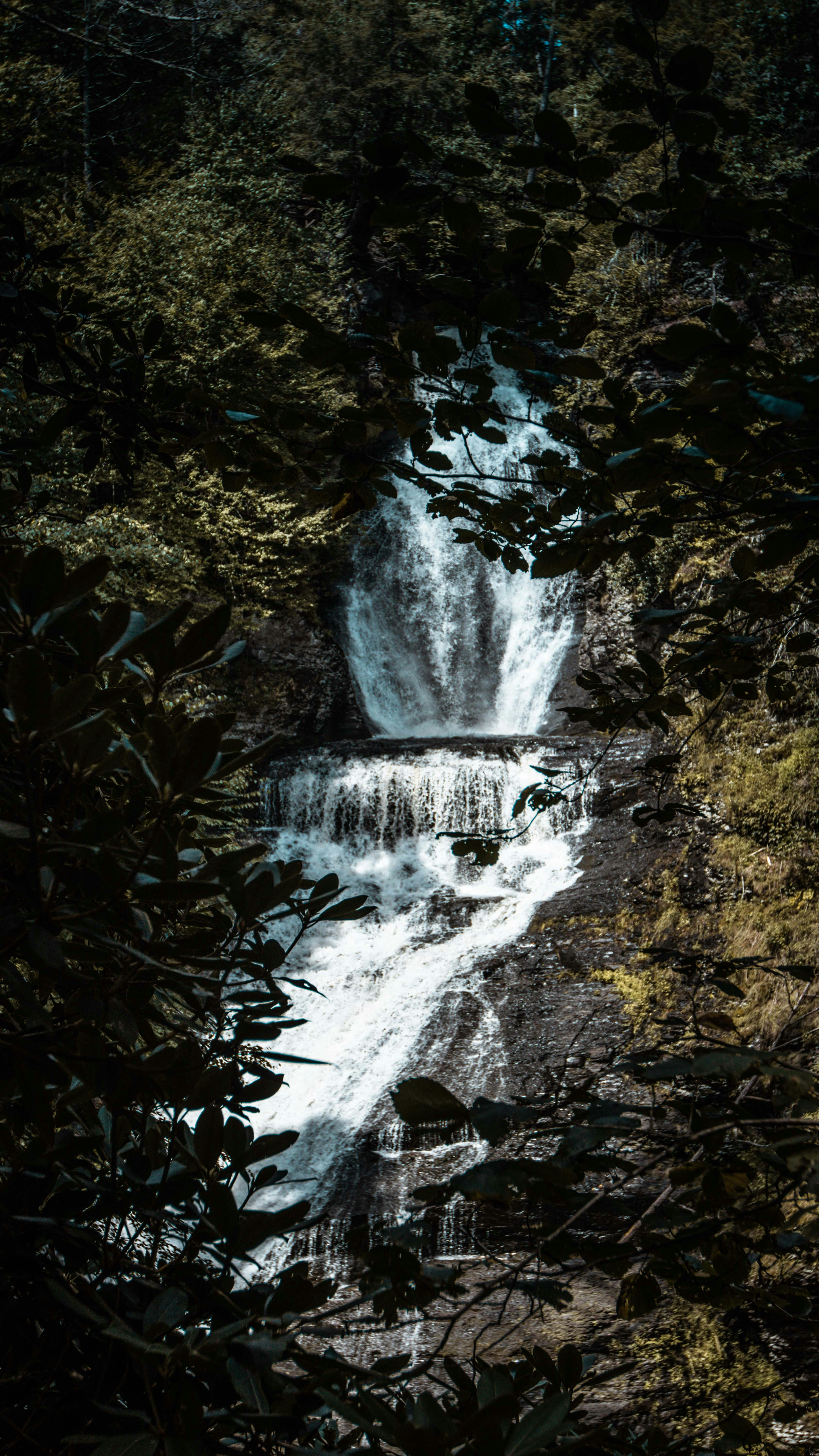 Waterfall flowing gracefully down rocky terrain, framed by lush greenery. The scene captures the serene beauty of a natural landscape.
