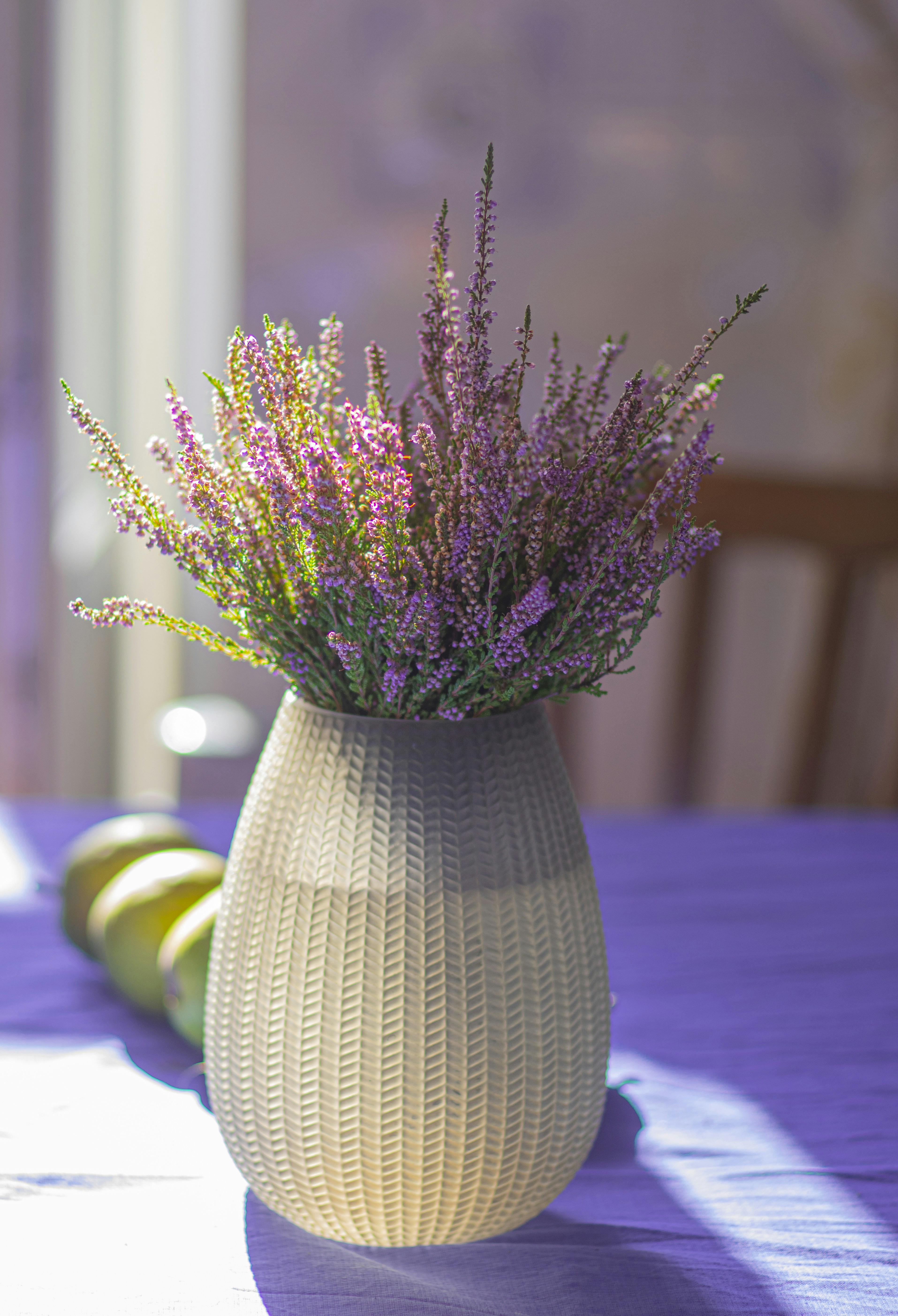Vibrant bouquet of purple heather arranged in a textured vase, set against a softly lit background. The scene captures a serene moment of nature indoors.