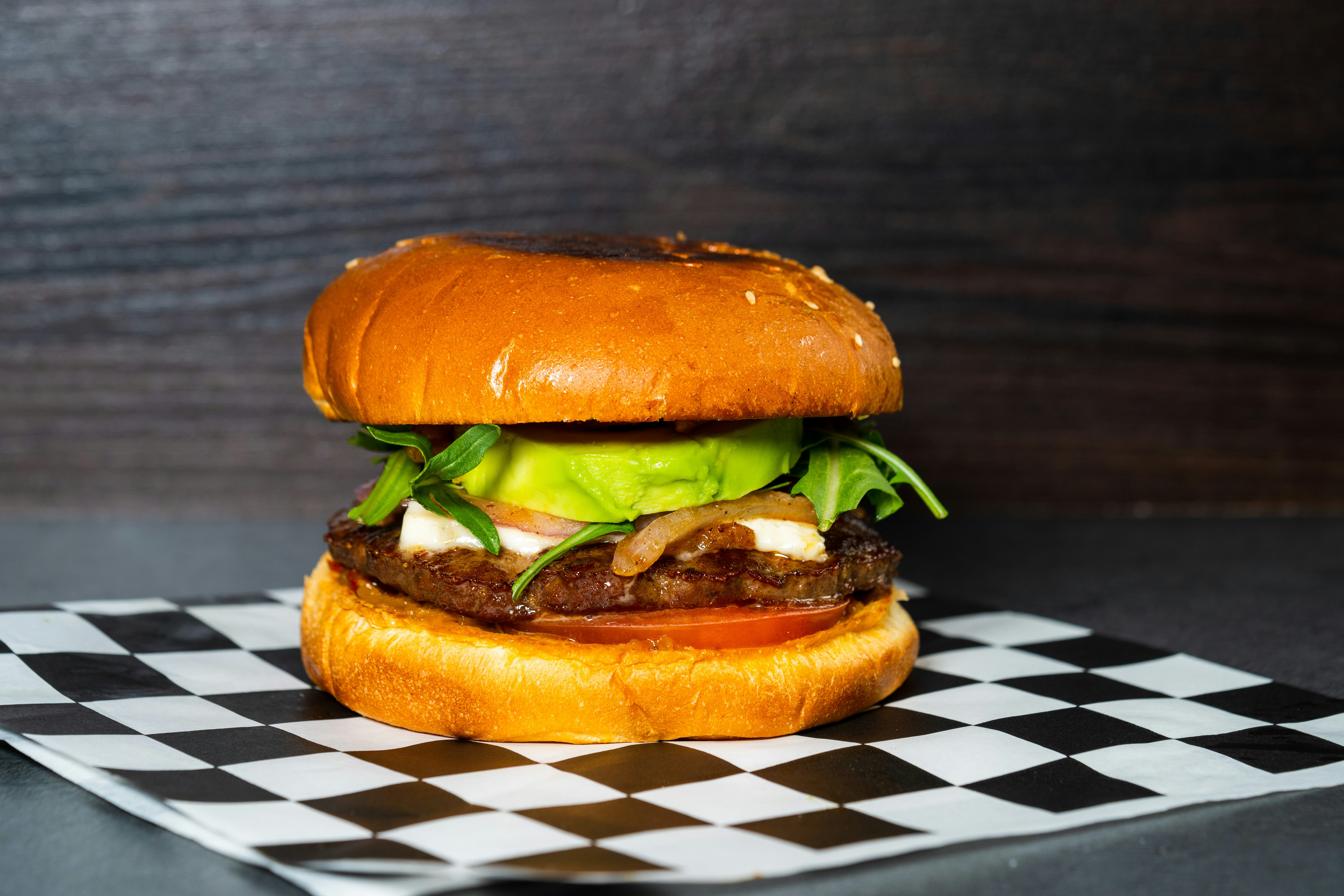 Avocado burger rocket brioche  | burger with lettuce and tomato