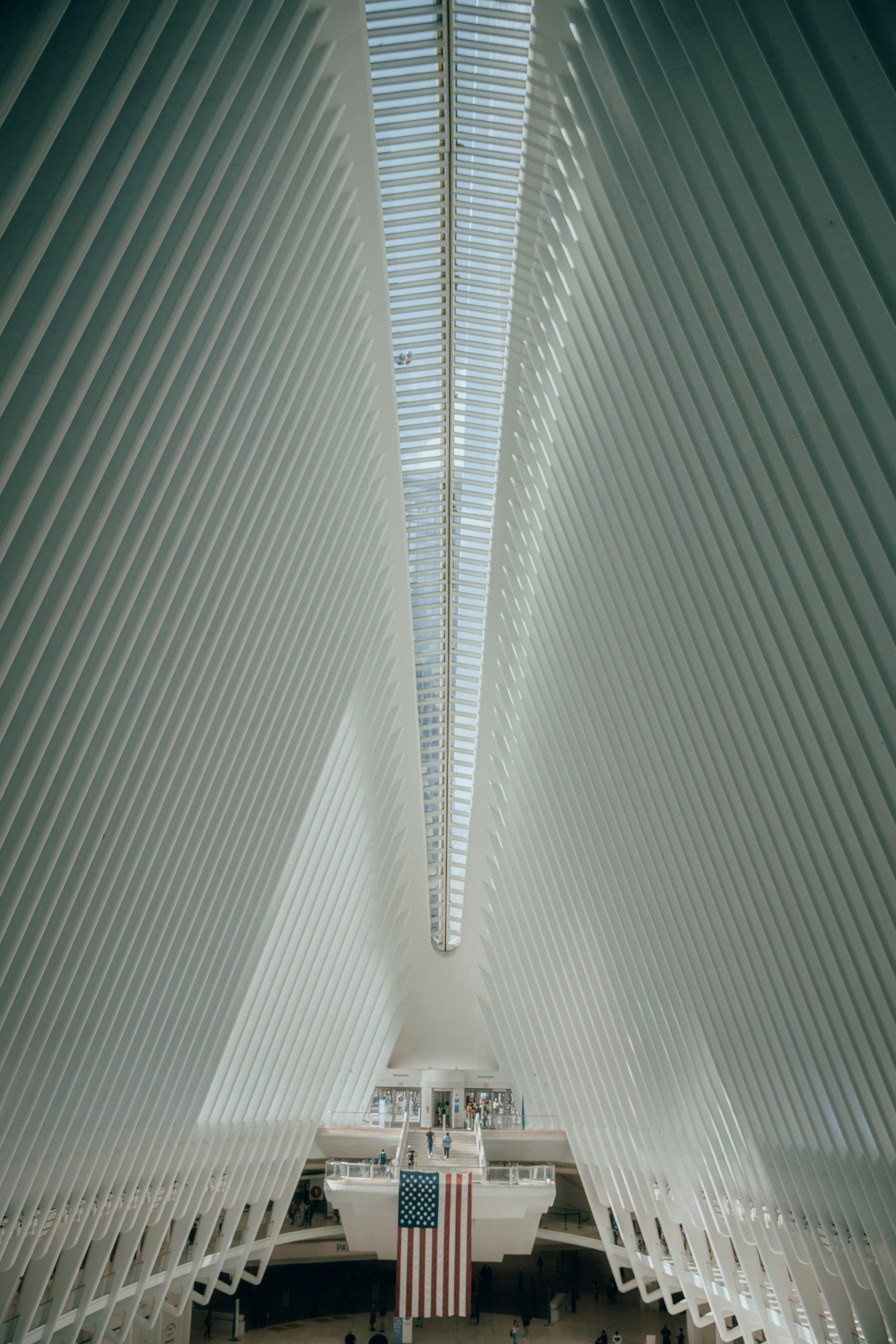 Interior view of a modern architectural space featuring a prominent American flag, framed by sleek white lines and natural light streaming through the roof.