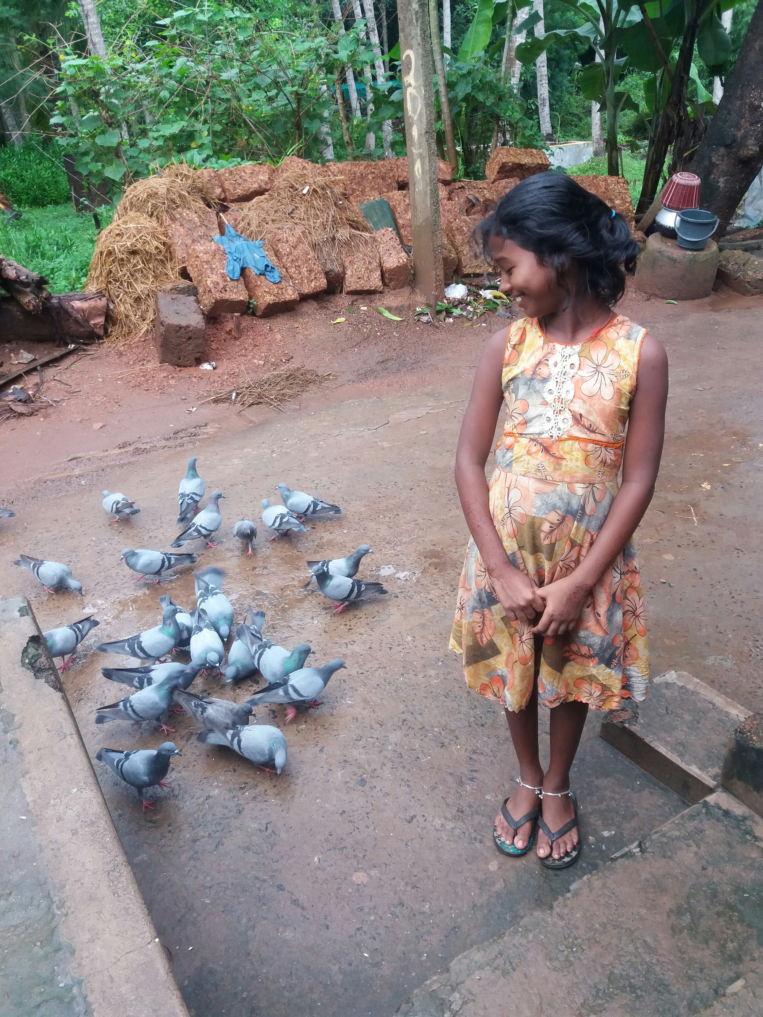 Girl in Floral Dress Sways Amid Pigeons