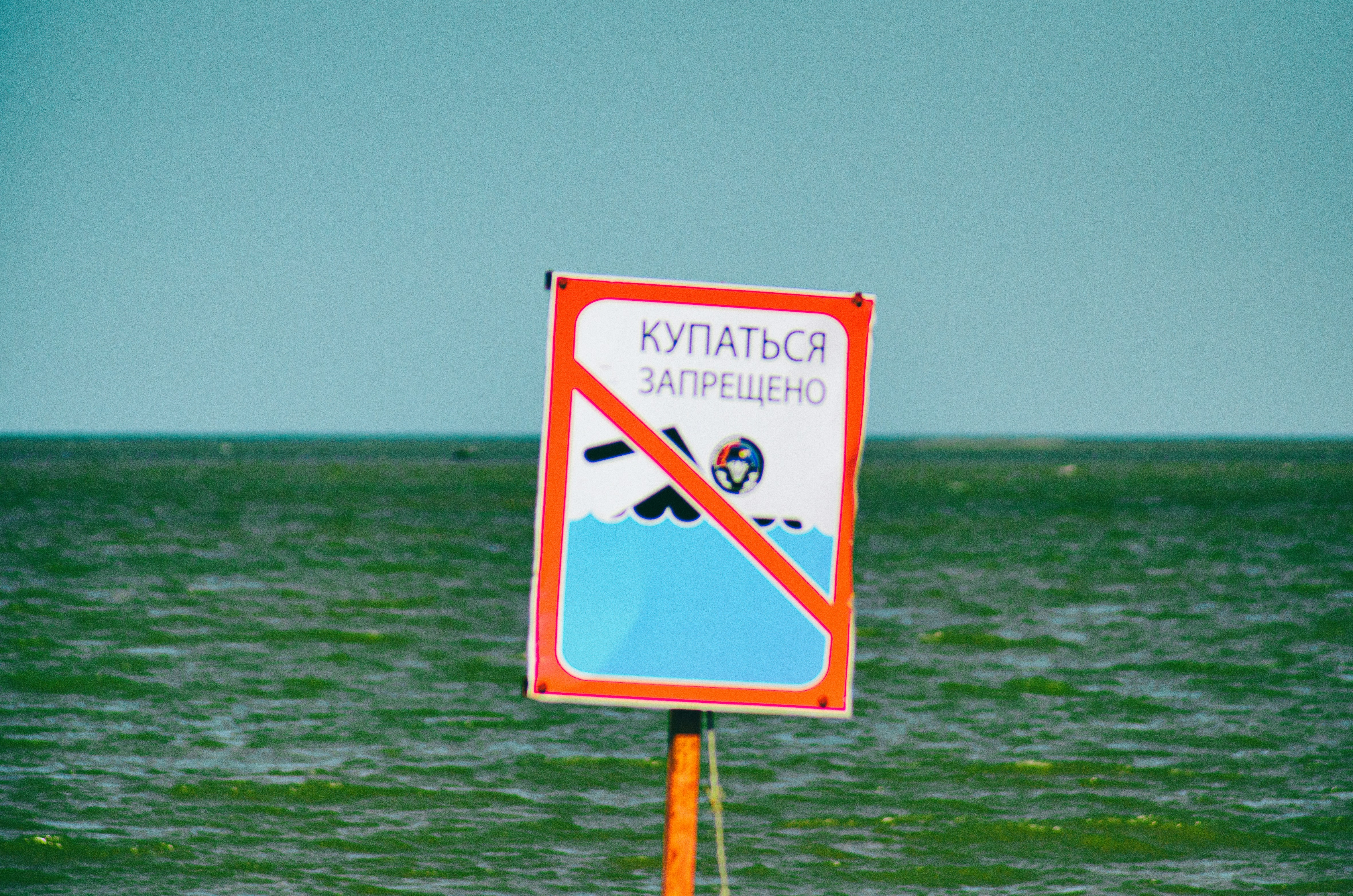 Prohibition sign against swimming, featuring a graphic of a person in water with a crossed-out circle. The background showcases a serene sea under a clear sky.