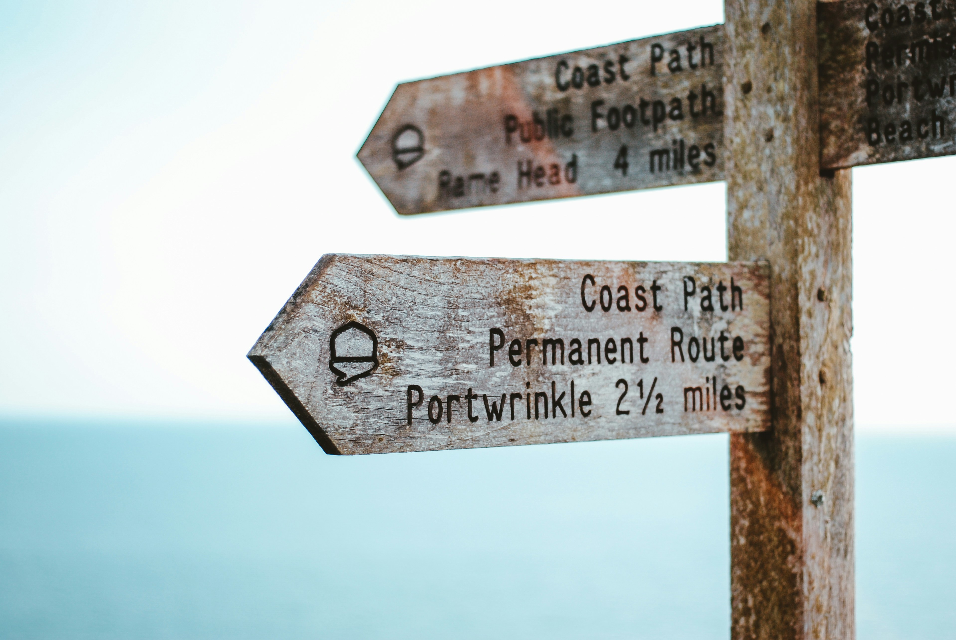 Weathered wooden signposts indicating various coastal paths and distances, with a serene blue ocean backdrop.