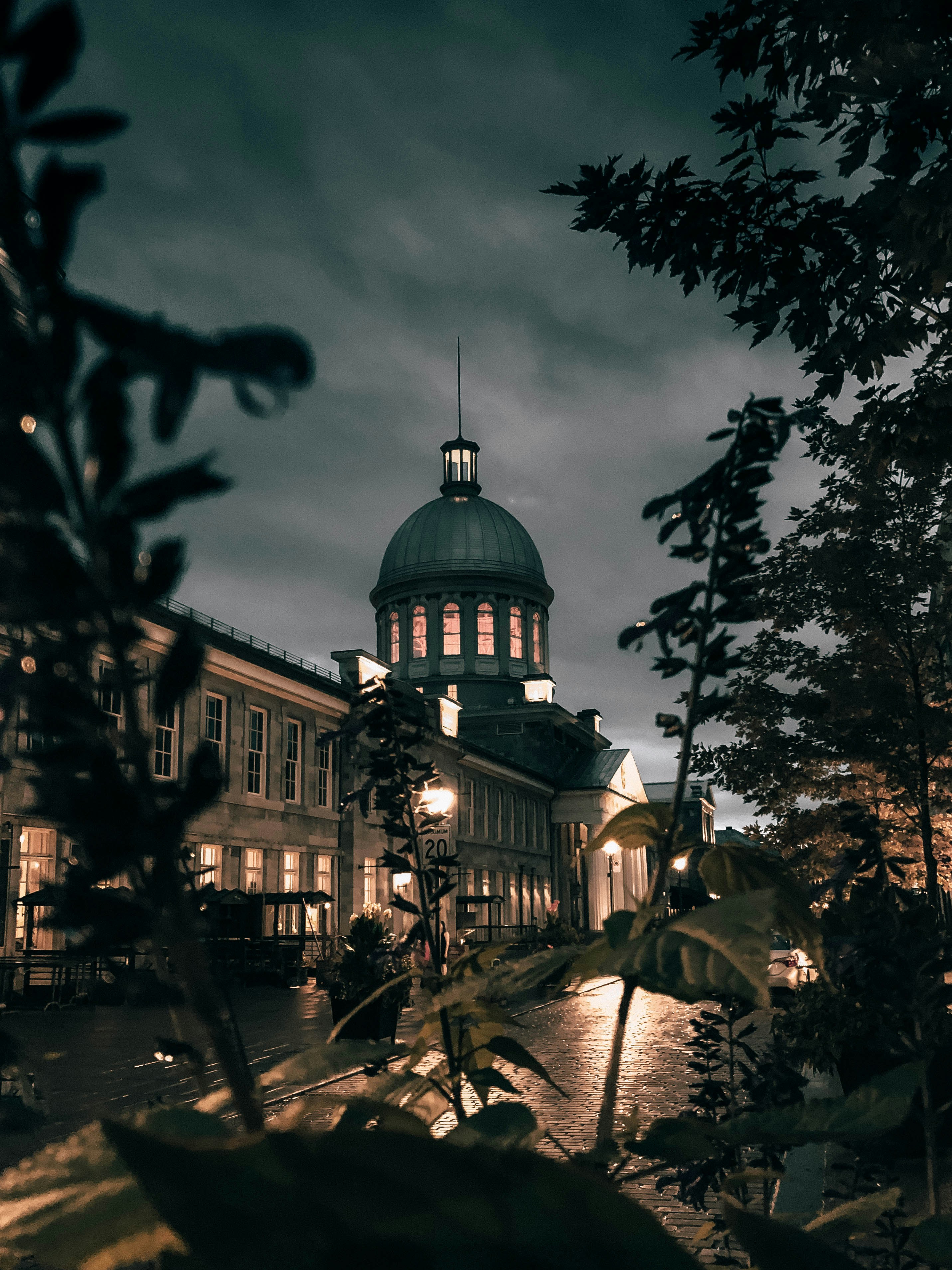 City Hall Dome at Dusk: A Quiet Night Along the Cobblestone Street