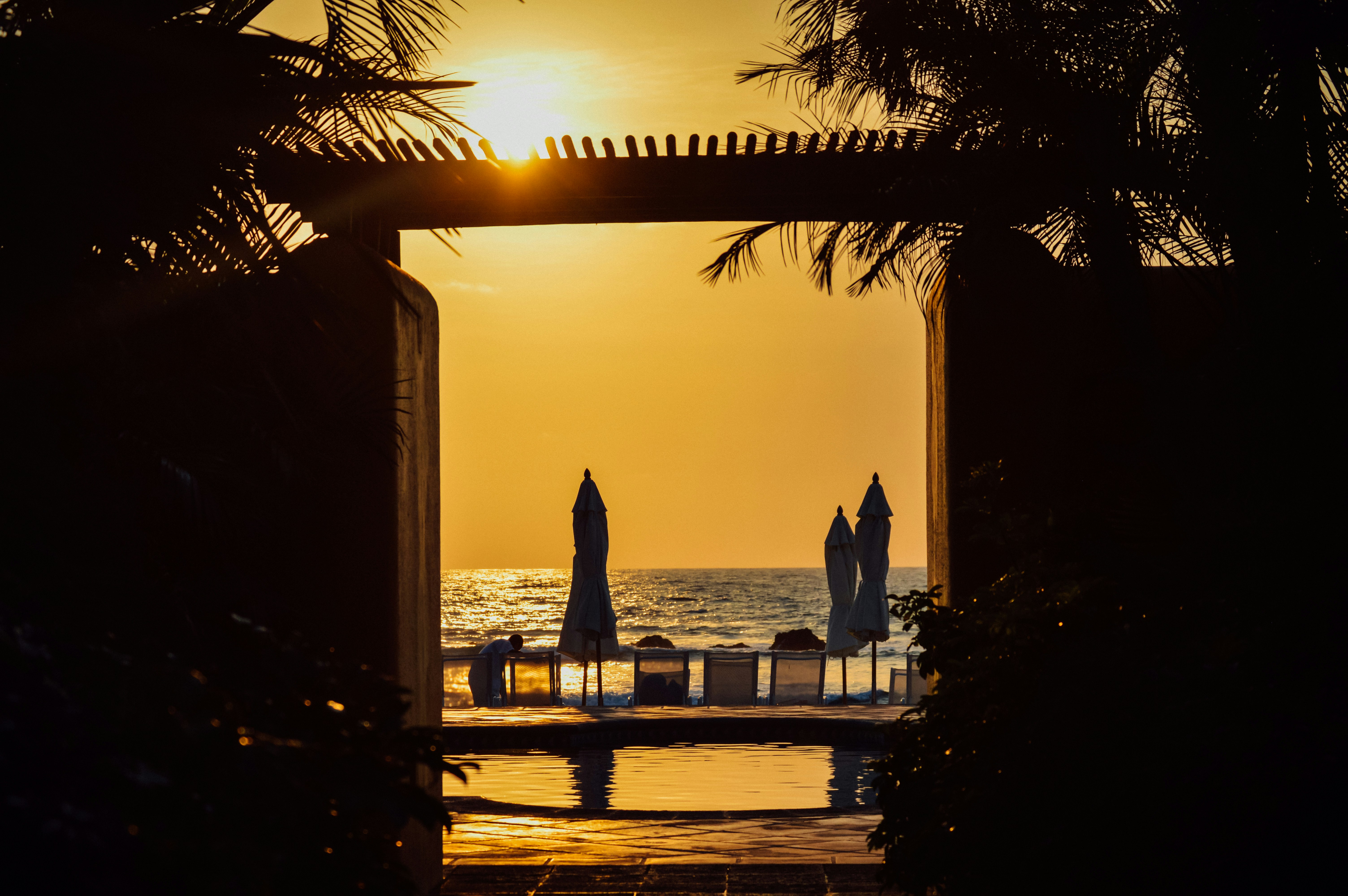 silhouette of people walking on sidewalk near body of water during sunset