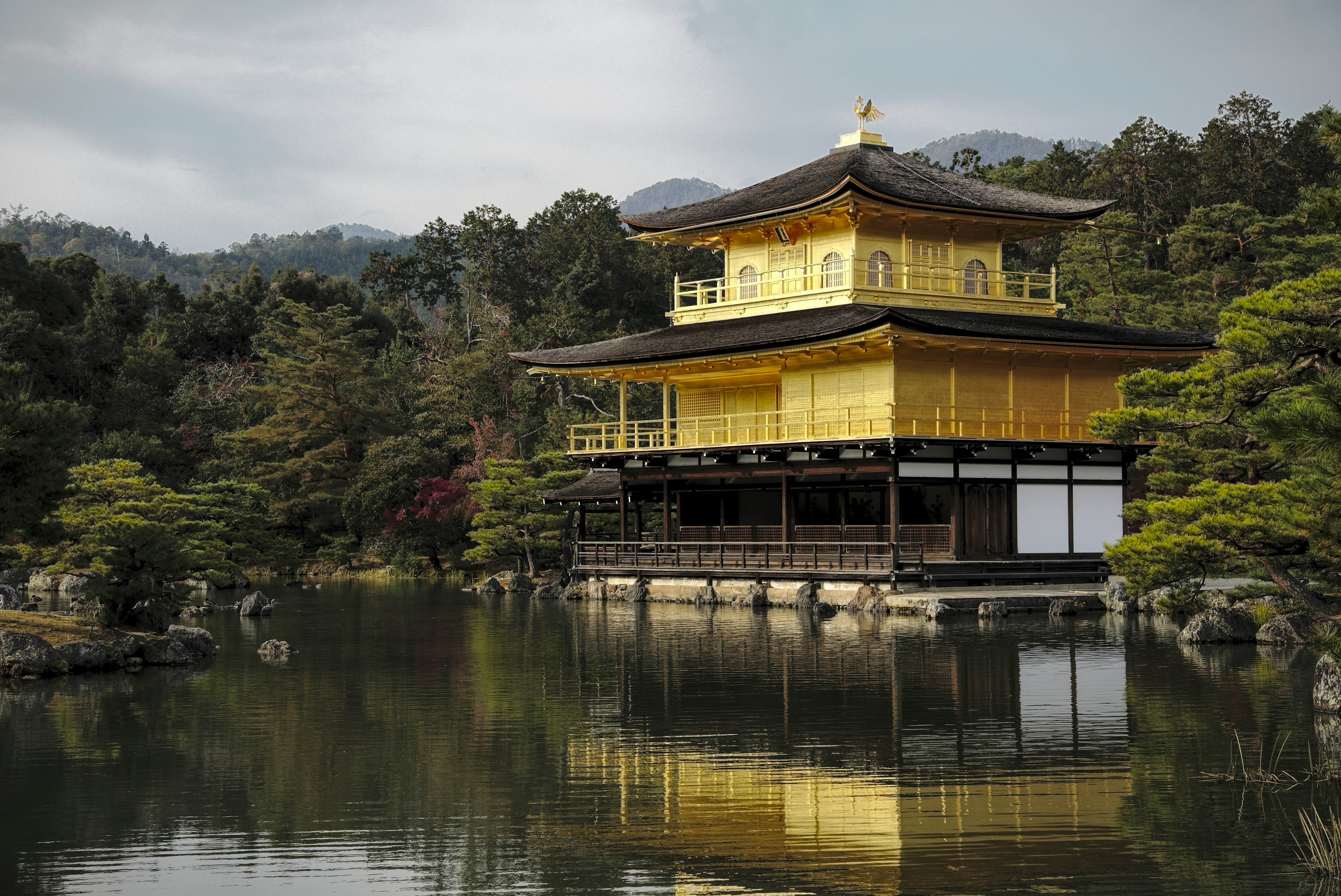 Golden Pavilion mirrored in tranquil pond surrounded by lush greenery and distant mountains.