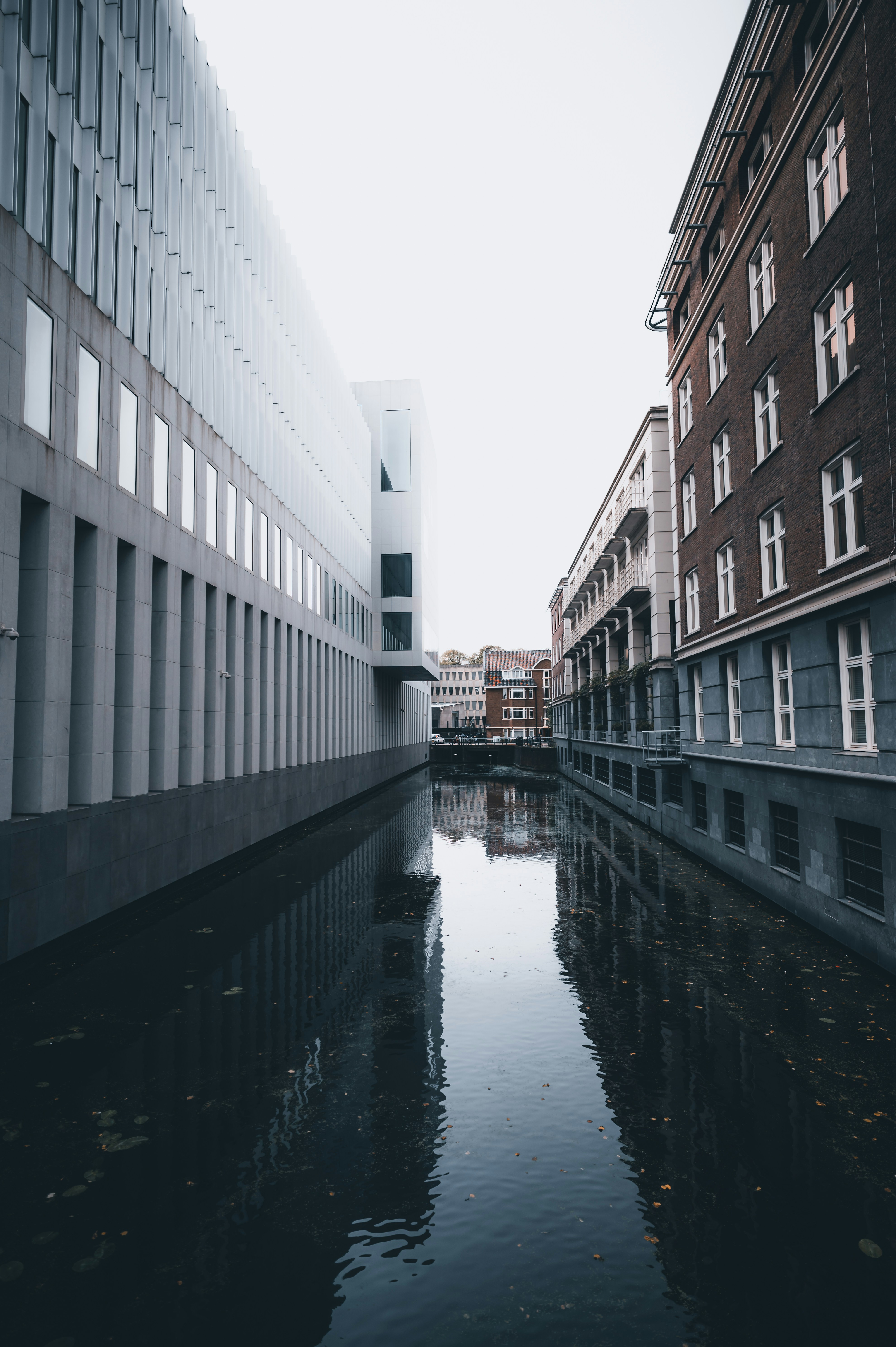 Contemporary architecture flanks a tranquil canal, reflecting the duality of urban life and nature's calm. The scene captures the interplay of light and structure.