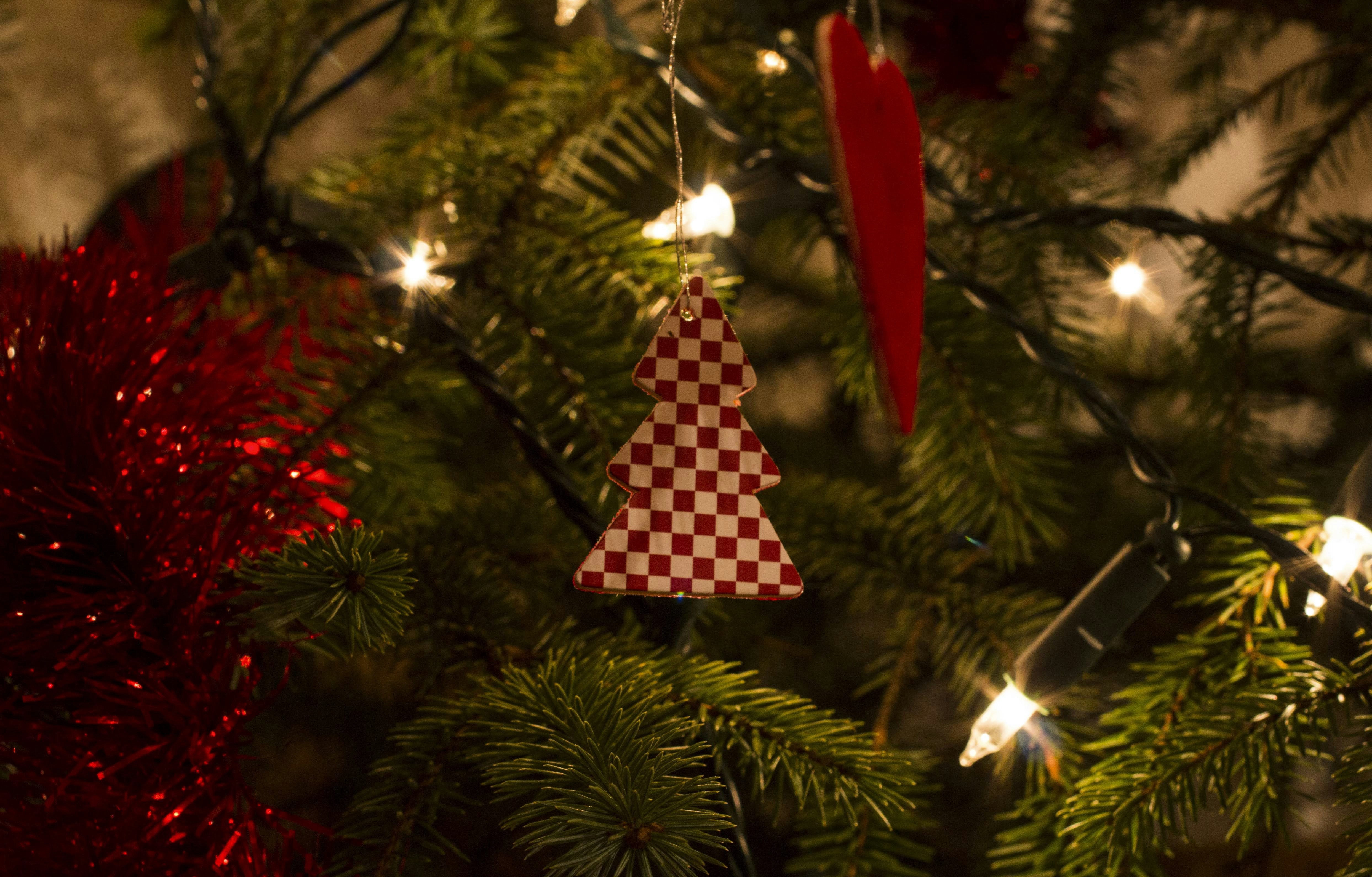 A red and white checkered tree ornament hangs amidst festive greenery and twinkling lights on a Christmas tree.