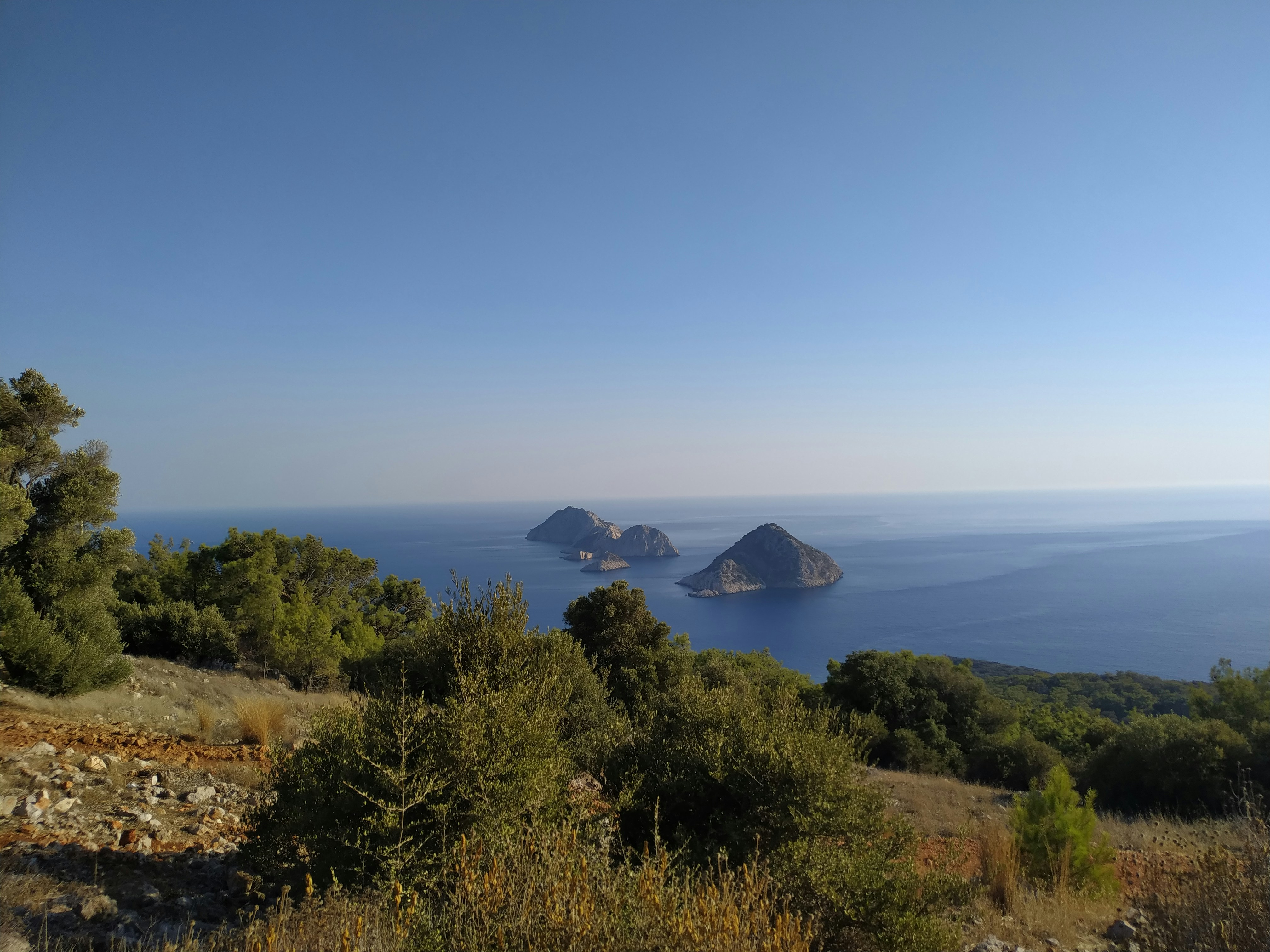 Distant islands viewed from a hilltop with a clear blue sky and lush greenery in the foreground.