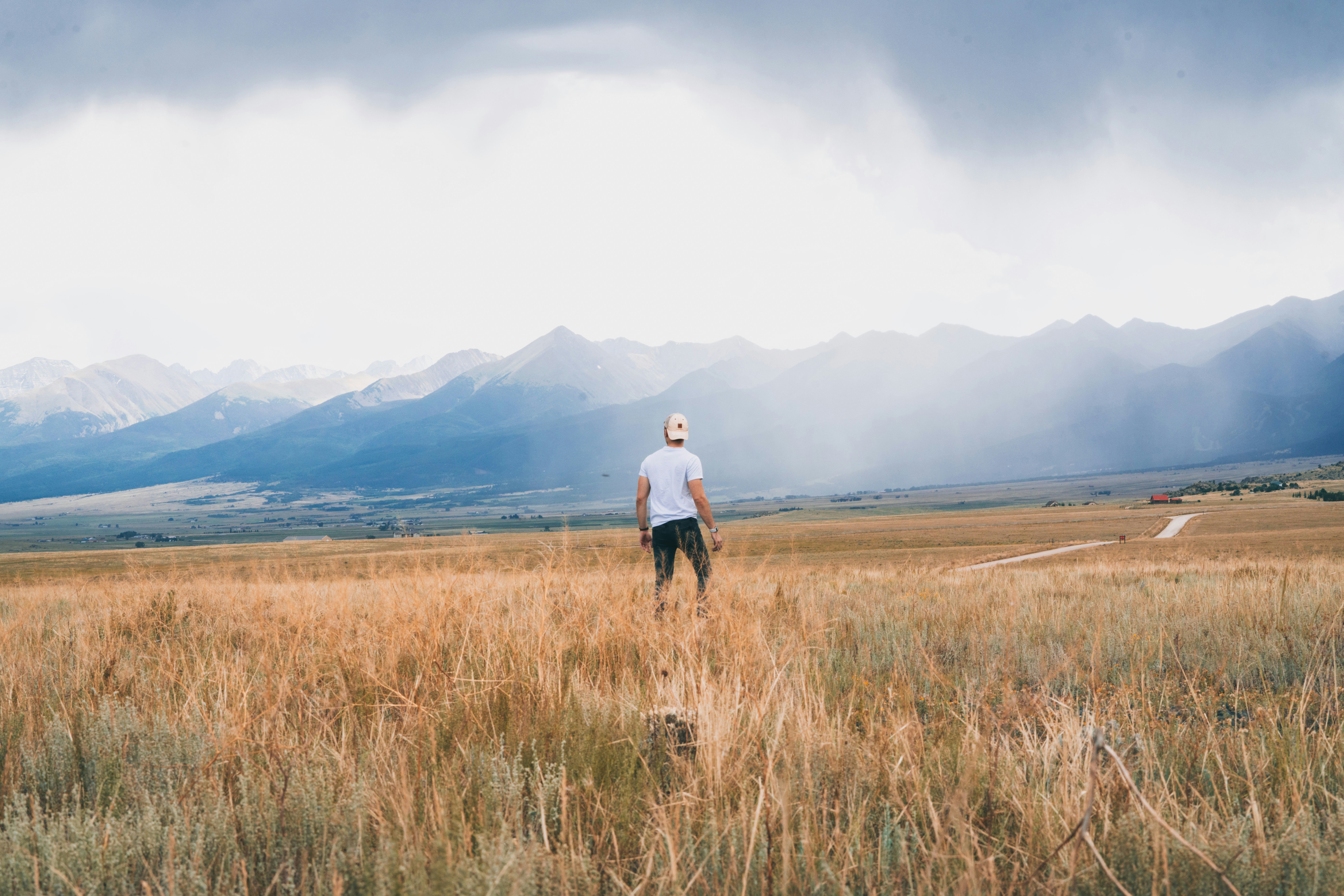 Person walking through a golden field under a dramatic sky with distant mountains and an approaching storm.