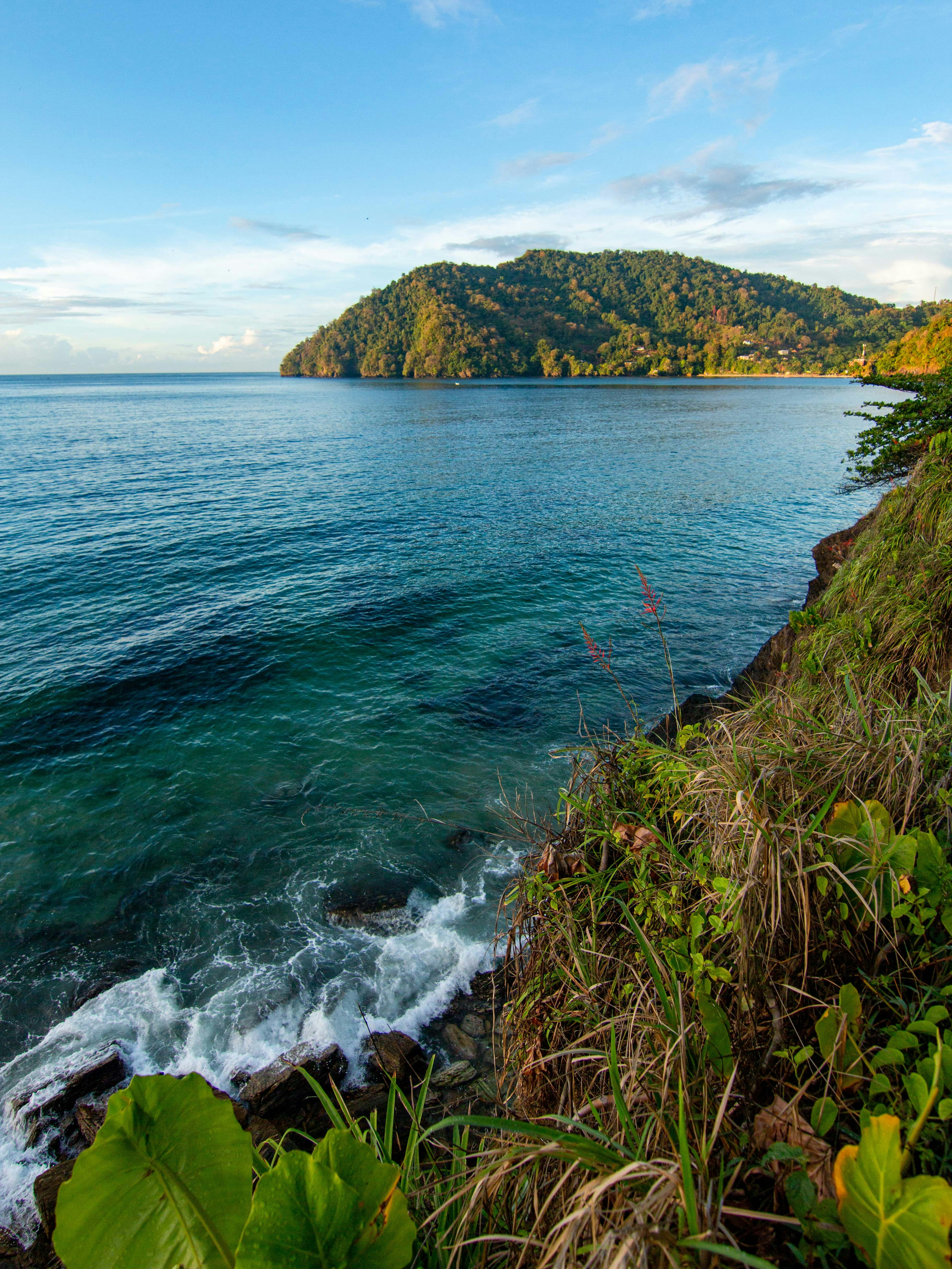 Verdant Cliff, Sapphire Sea: A Distant Island on the Horizon