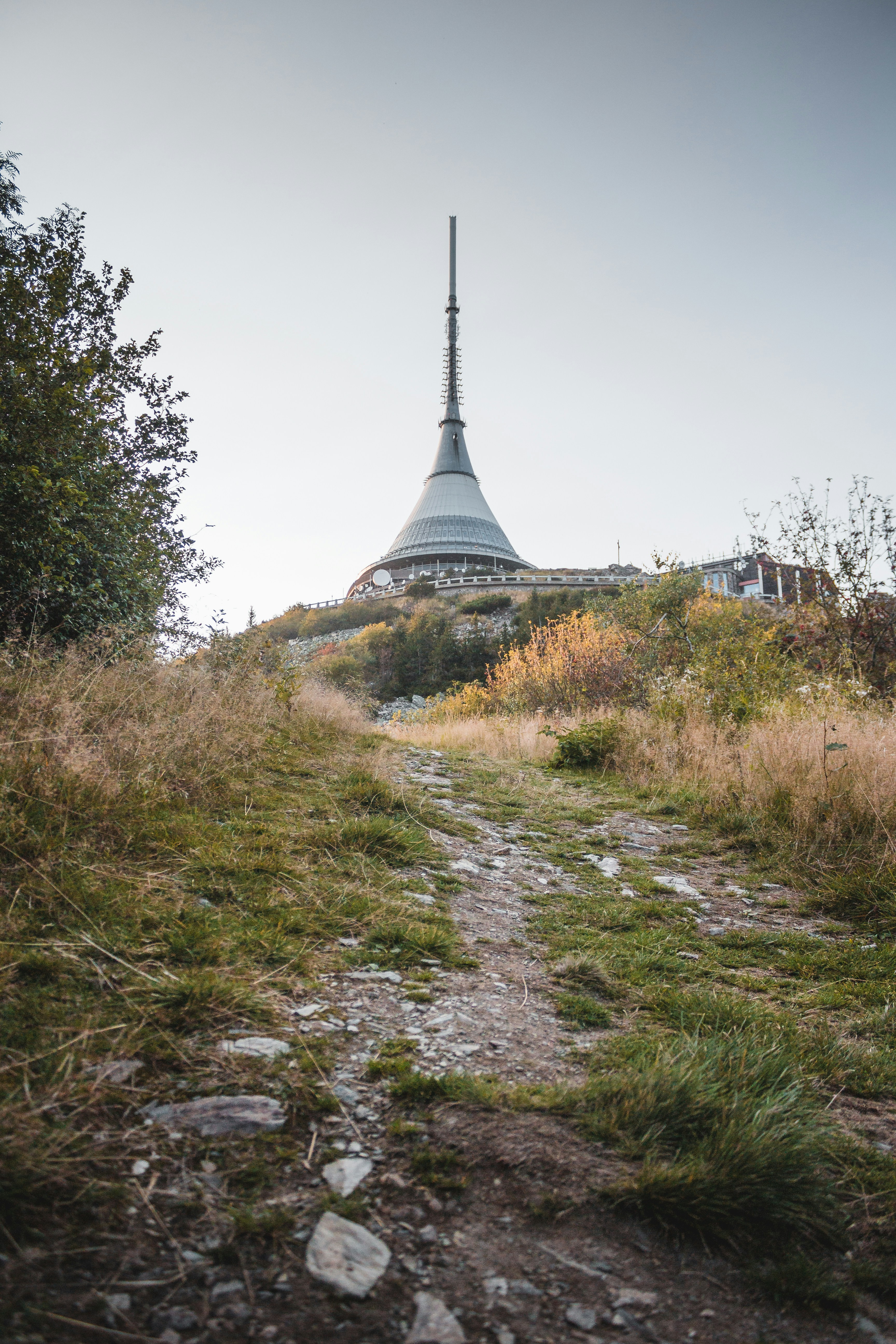 Path leading to a modern tower surrounded by lush greenery and autumn hues.