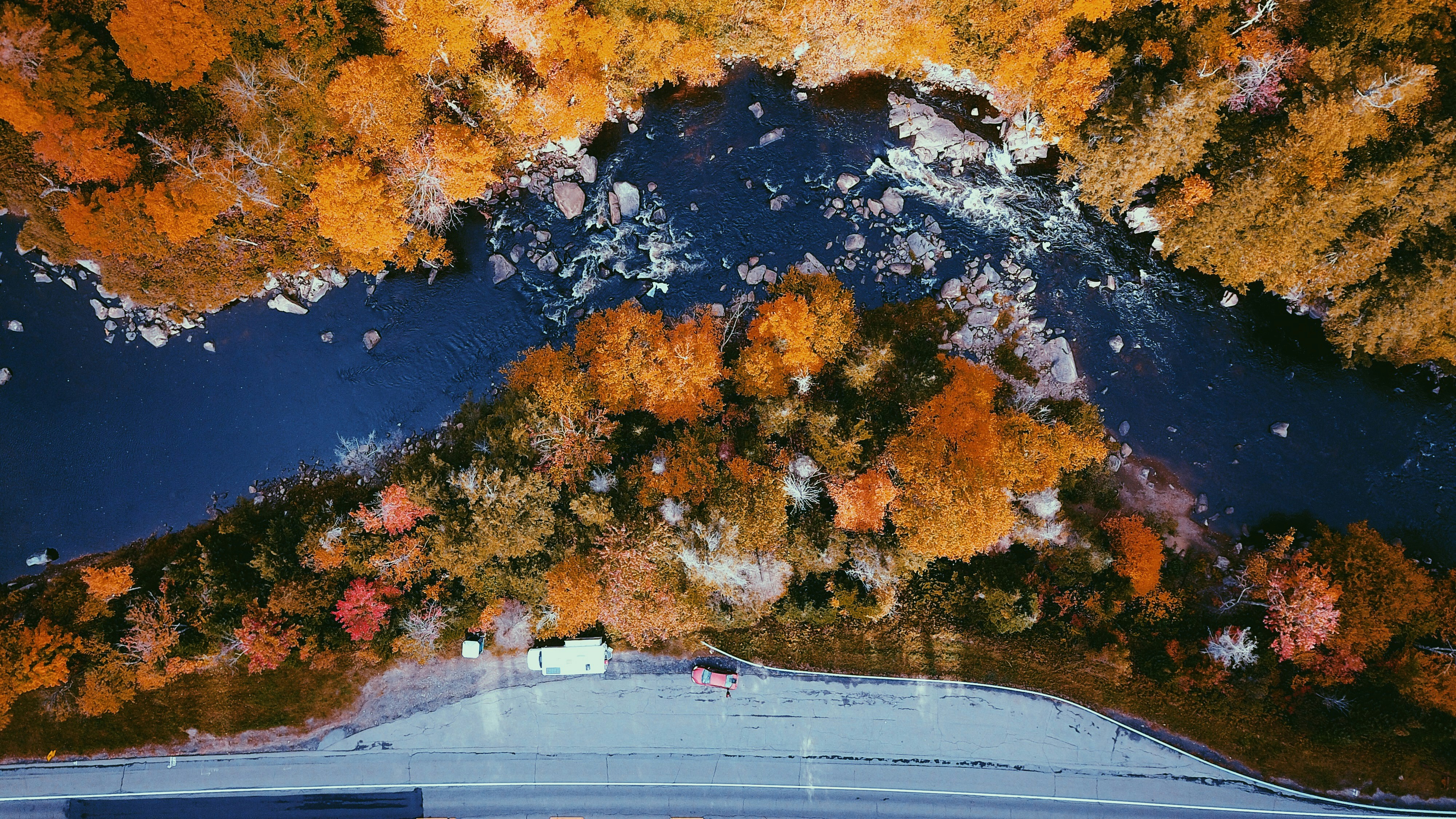 Autumn Canopy Over a Meandering River: An Aerial Vista