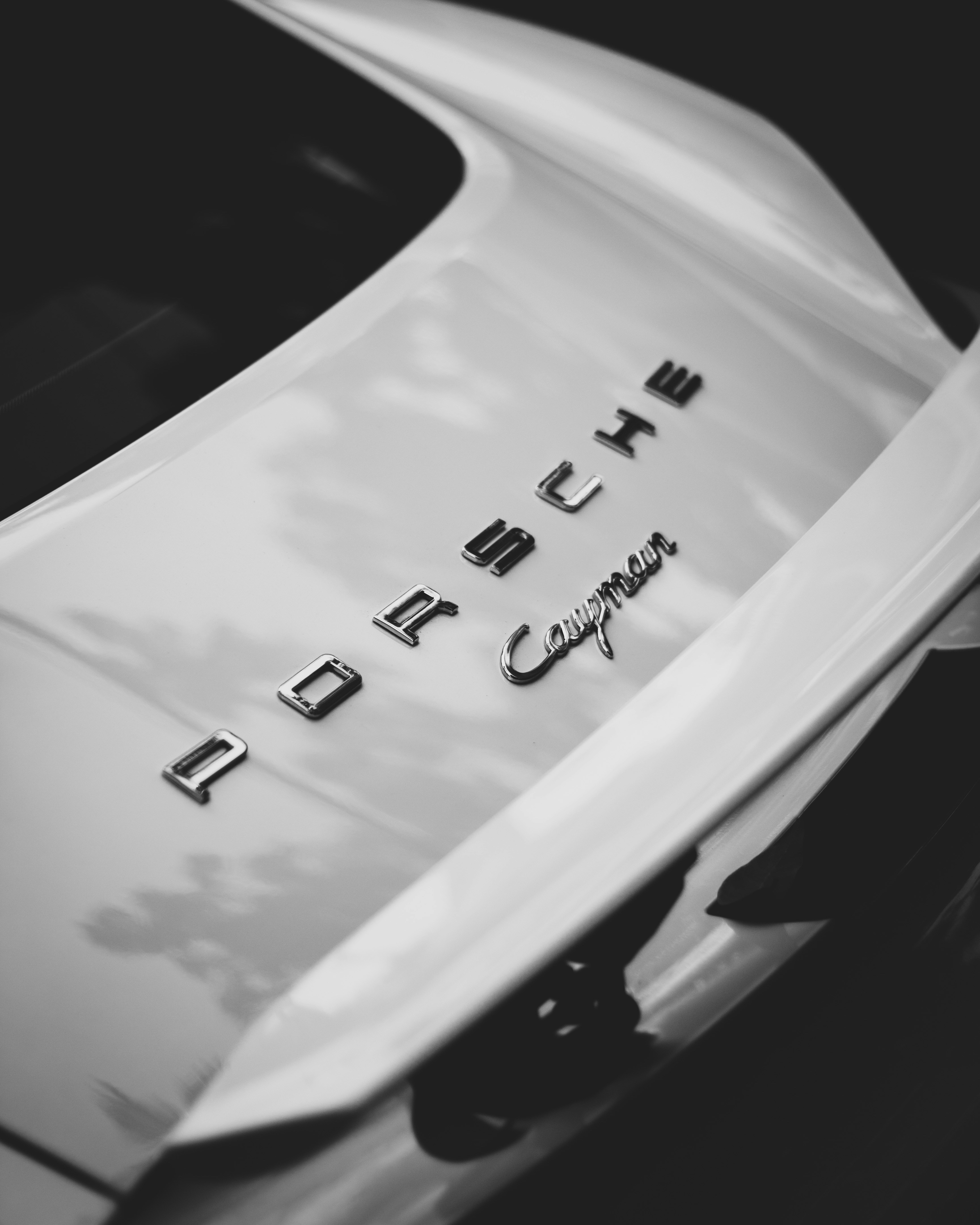 Chrome Porsche script on a curved white decklid
