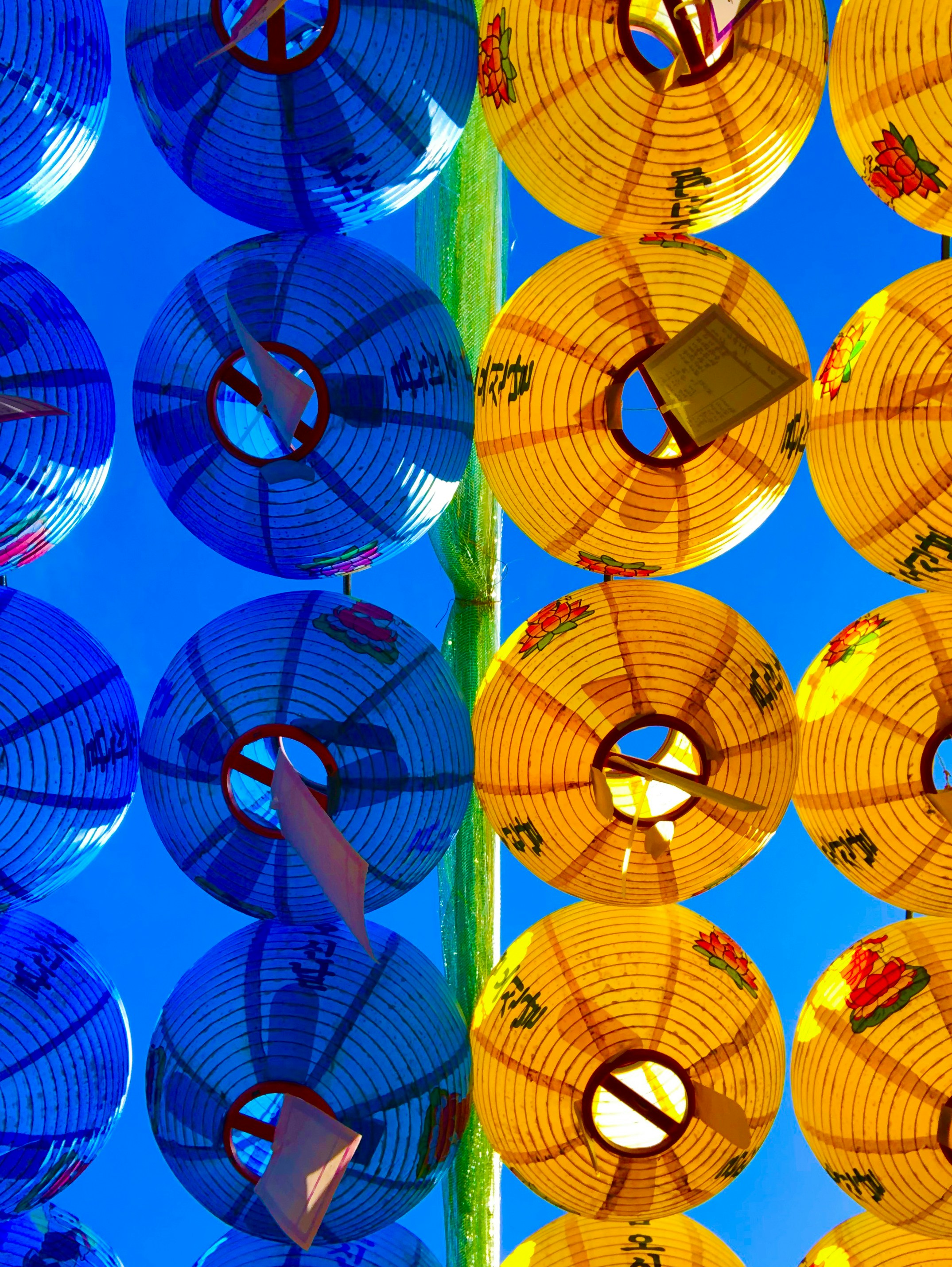 Symmetrical Lantern Grid: Blue and Amber Orbs Framing a Green Pole