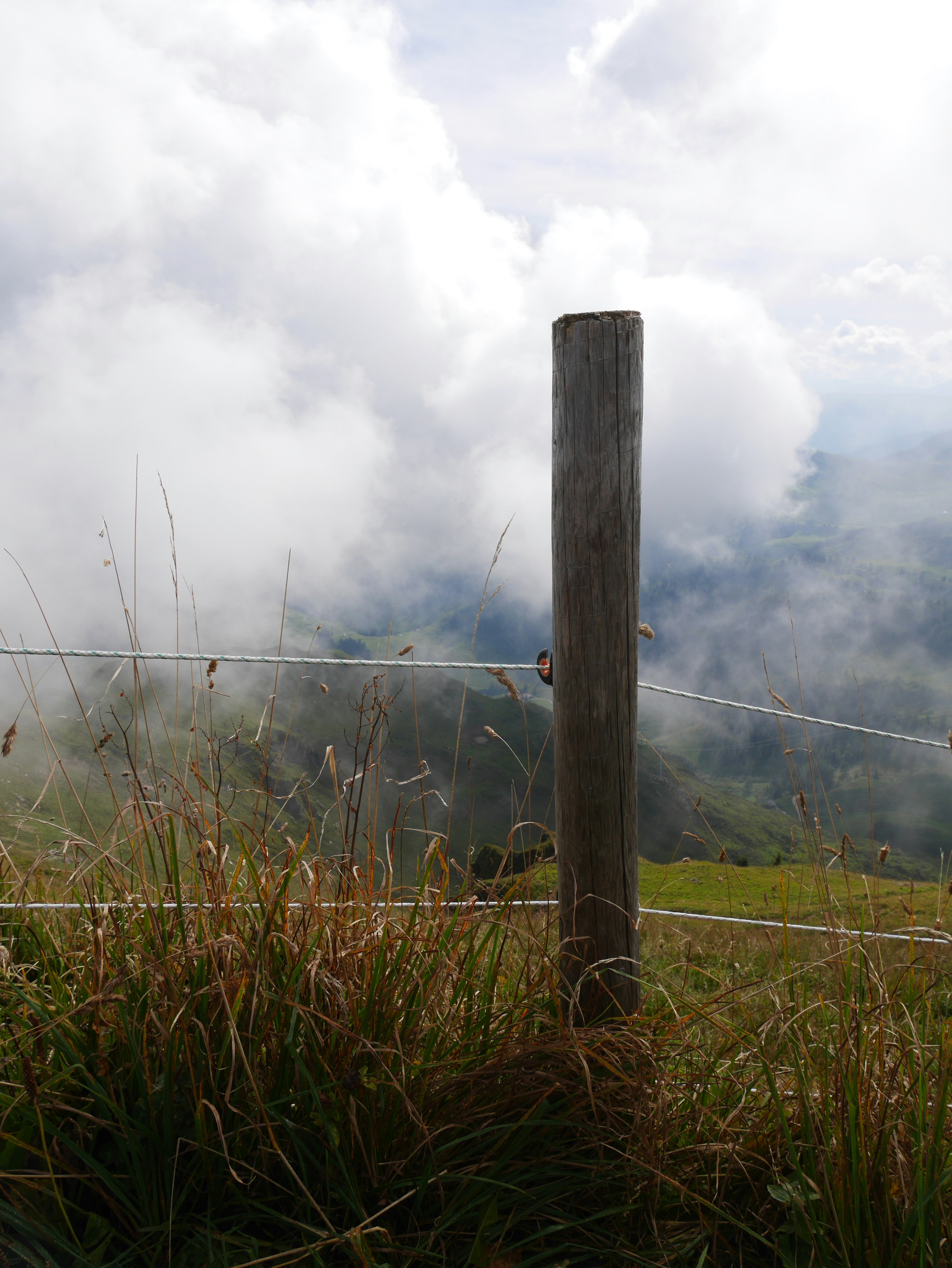 Brown wooden post on green grass field under white clouds during ...