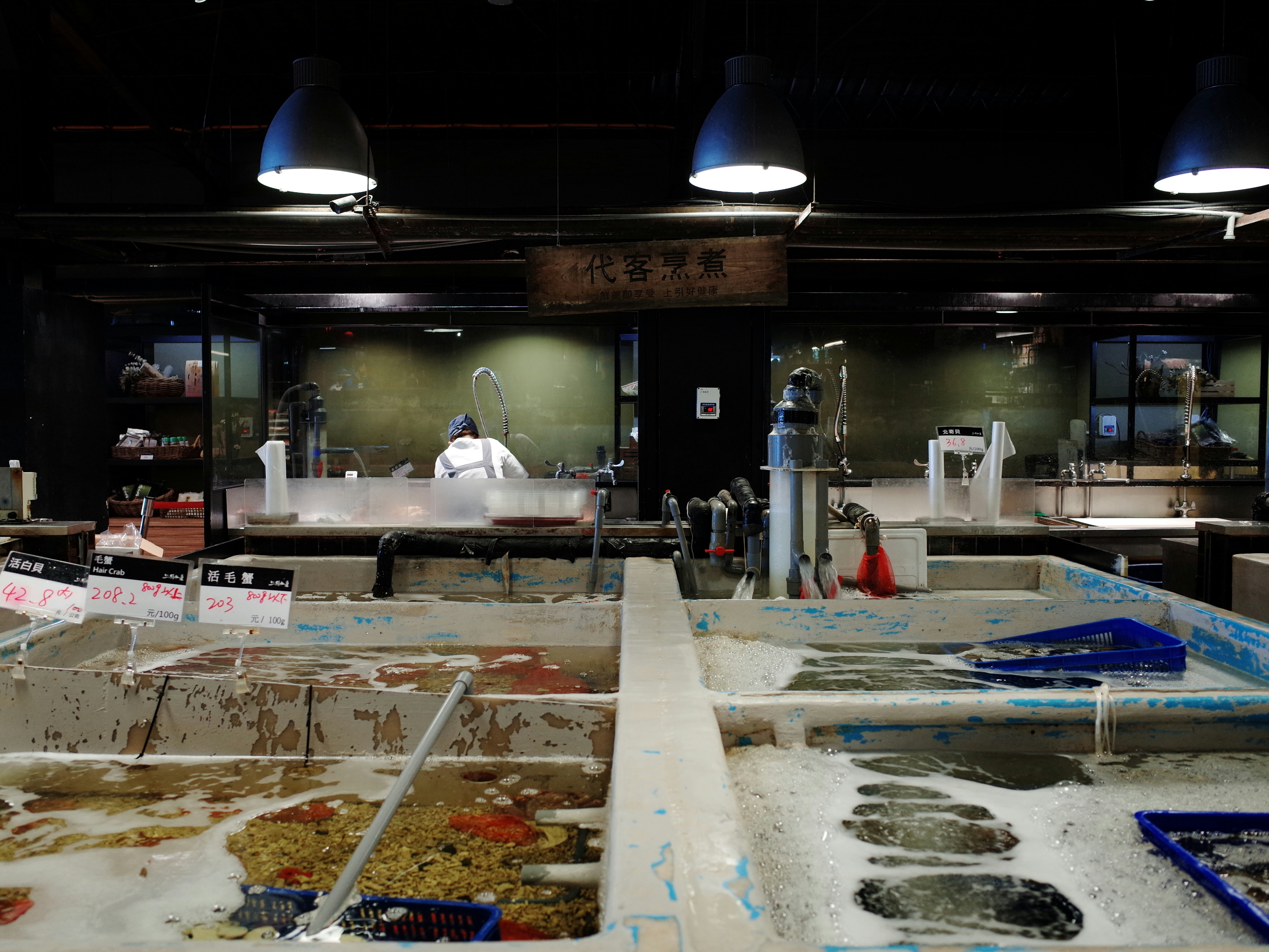 Midnight Market: Ice-Topped Tanks and a Worker at the Counter