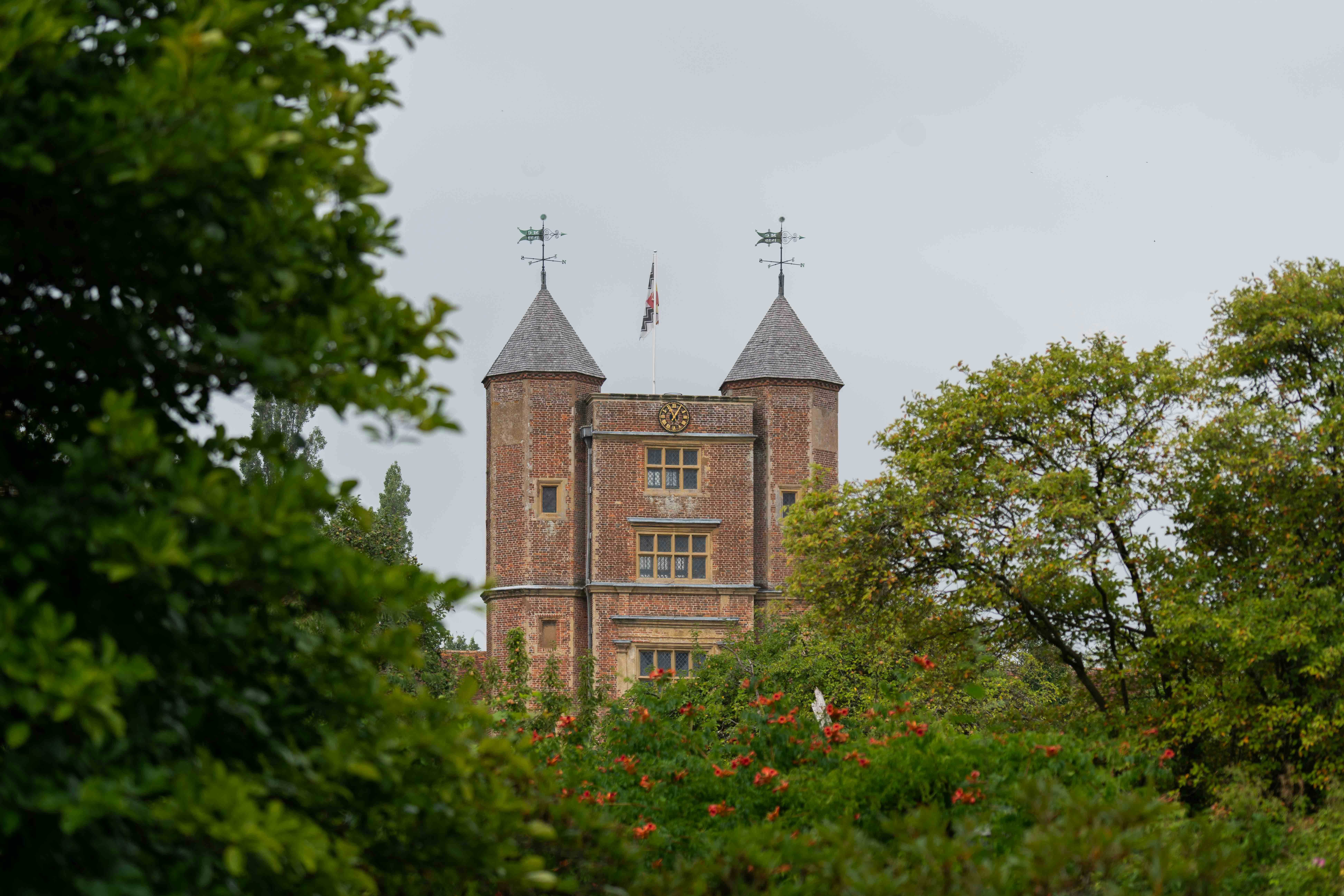 Historic tower peeking through lush greenery, adorned with weather vanes and a flag. A serene blend of architecture and nature.