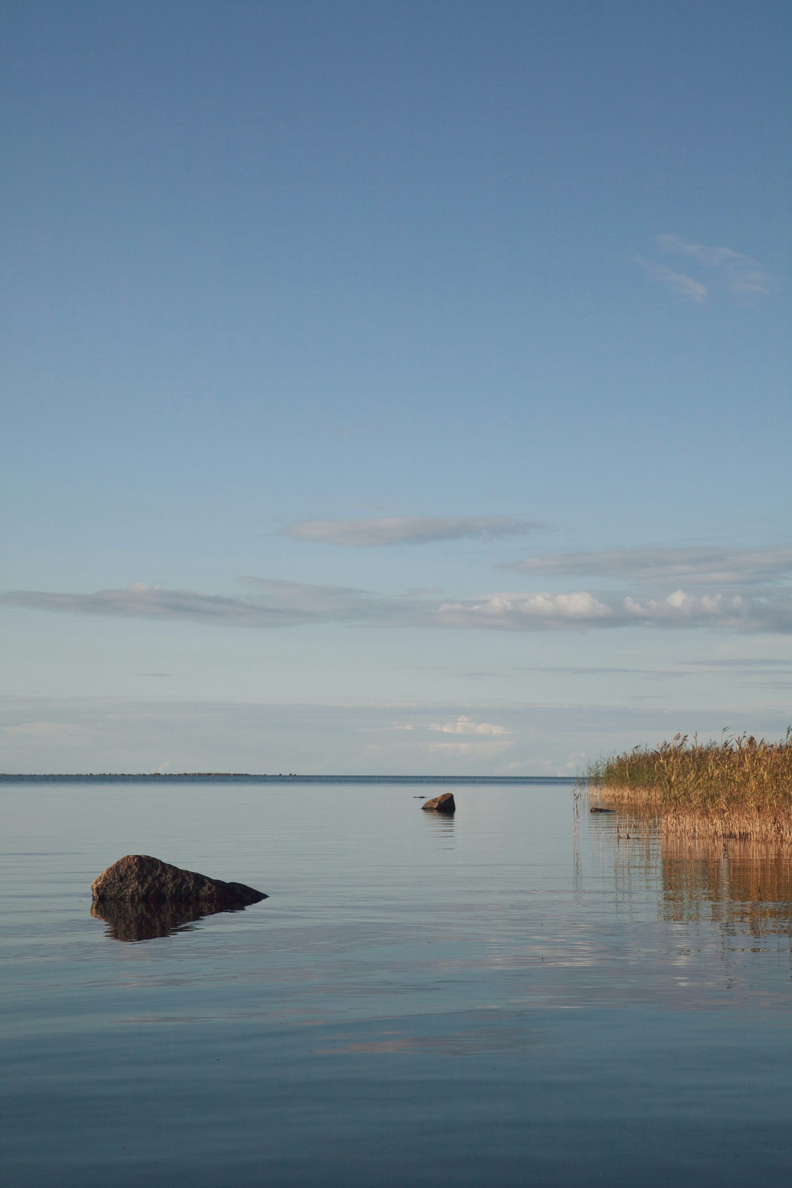 Two smooth stones emerge from the calm water, framed by gentle reeds under a clear sky. The tranquil scene invites reflection.