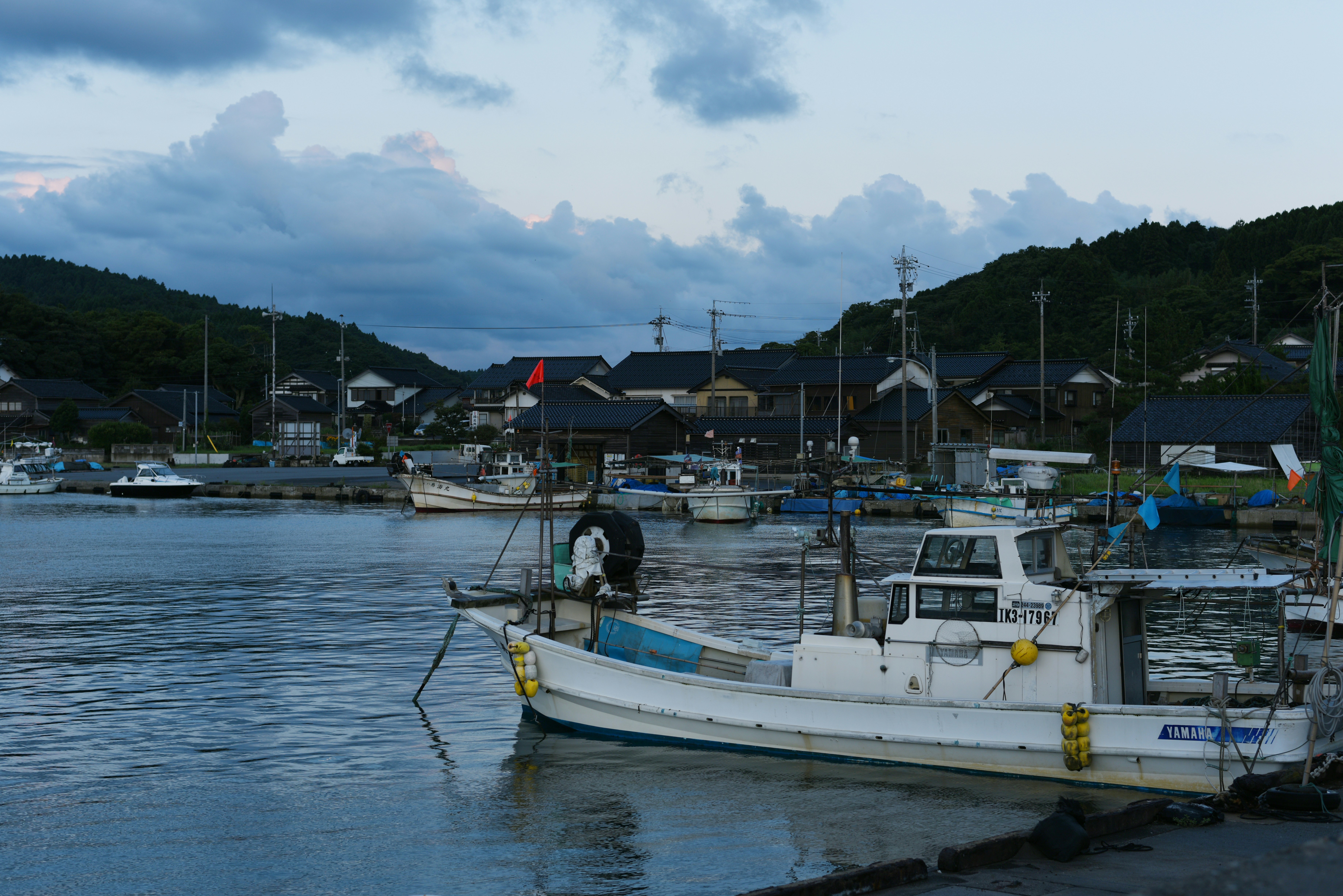 Fishing boats anchored in a tranquil harbor as dusk falls, with a backdrop of hills and residential structures.
