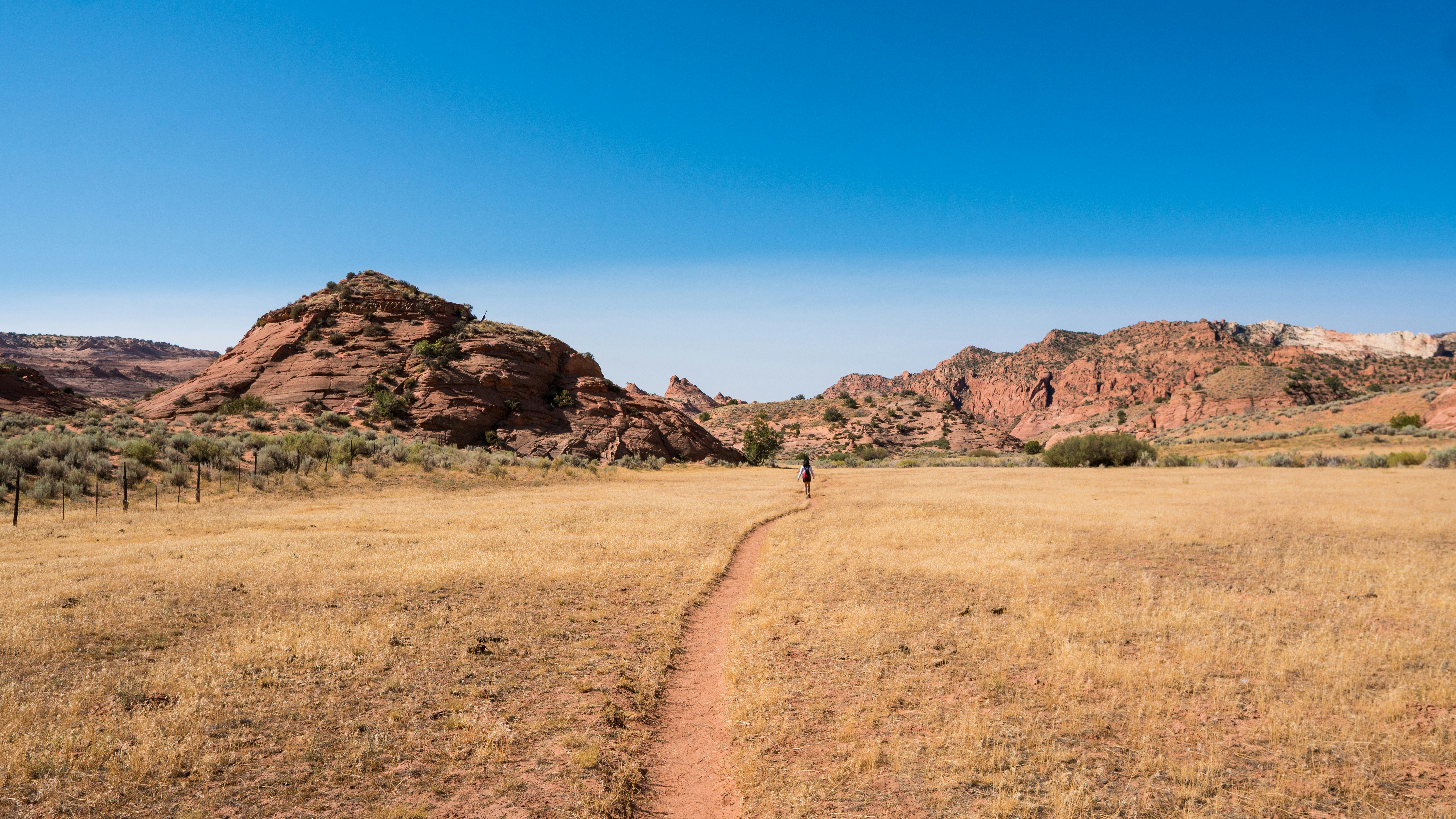 Footpath through Amber Grass Toward Rusted Cliffs