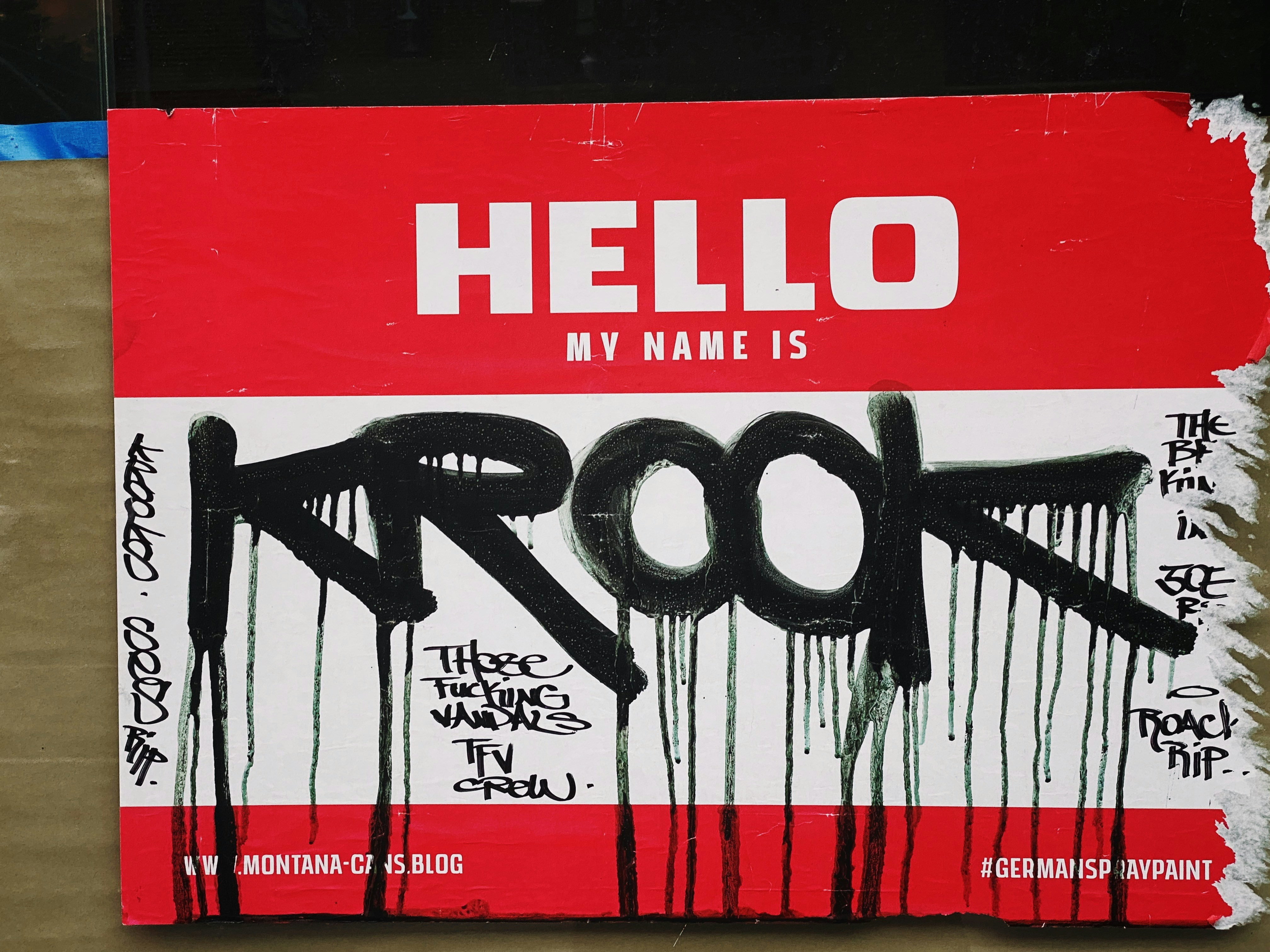 A red and white sign that says hello my name is rock photo – Free Red ...