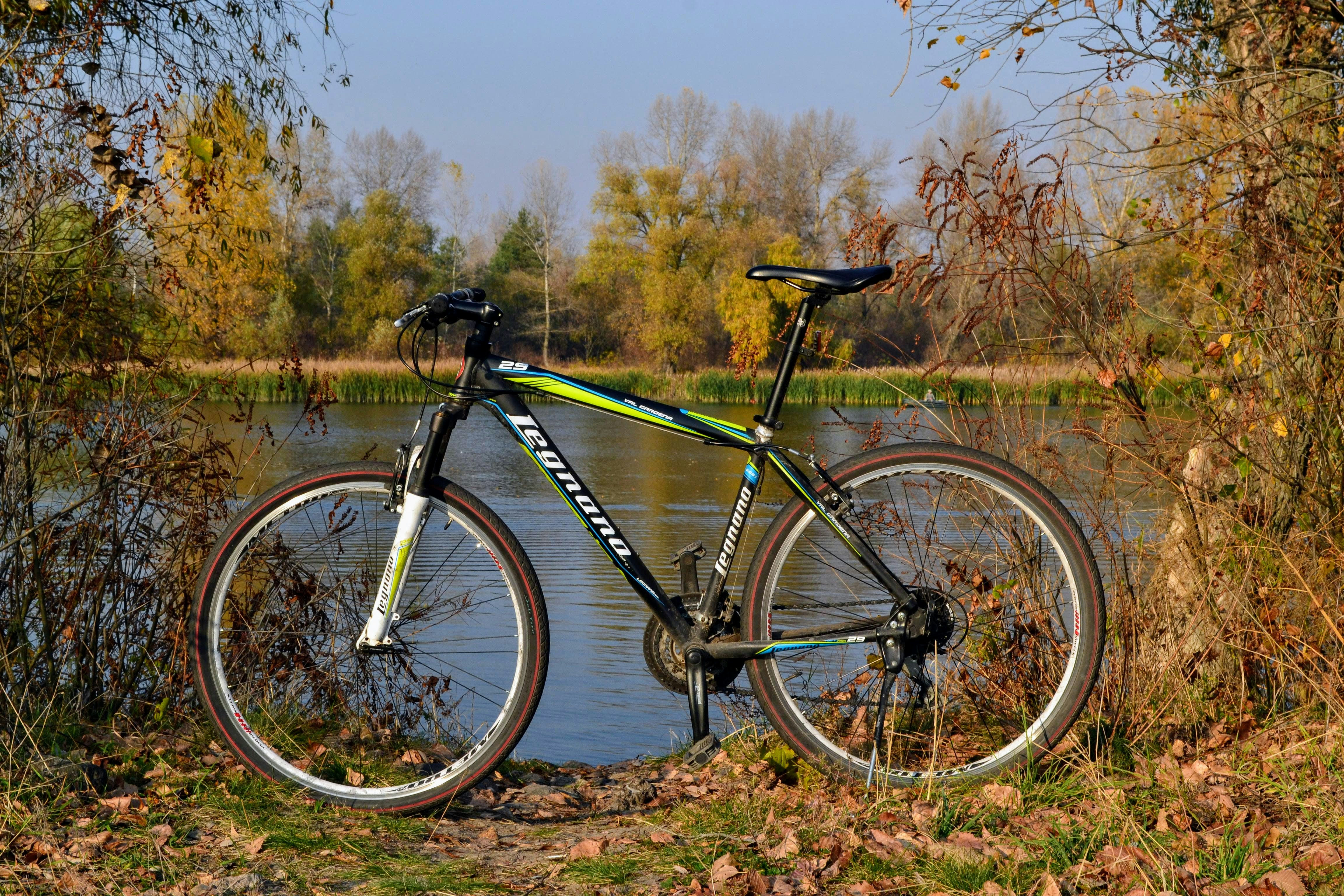 Mountain bike resting on a path beside a serene lake, surrounded by autumn foliage.