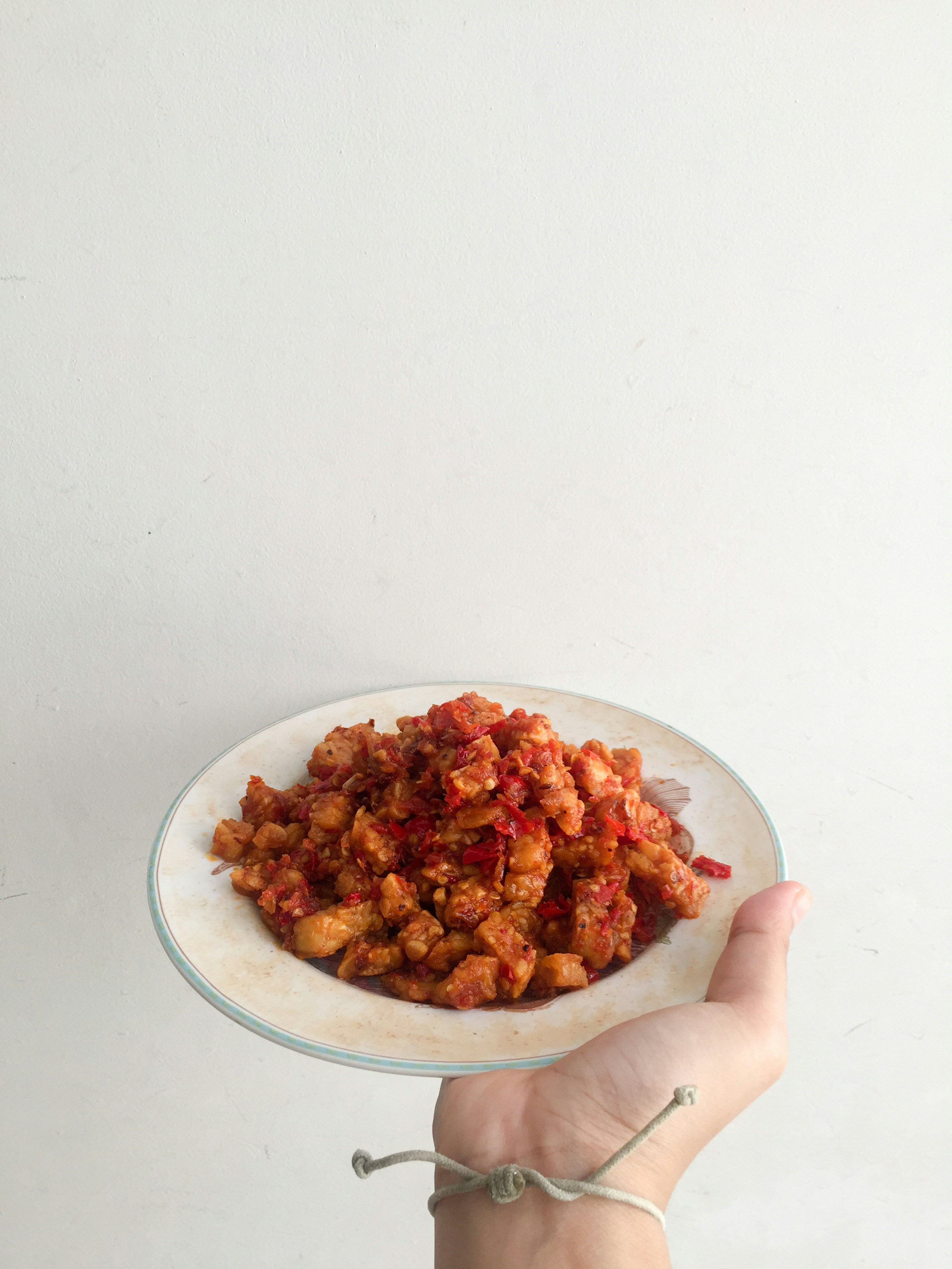 A hand presenting a plate of spicy chicken medley garnished with red peppers against a neutral background.