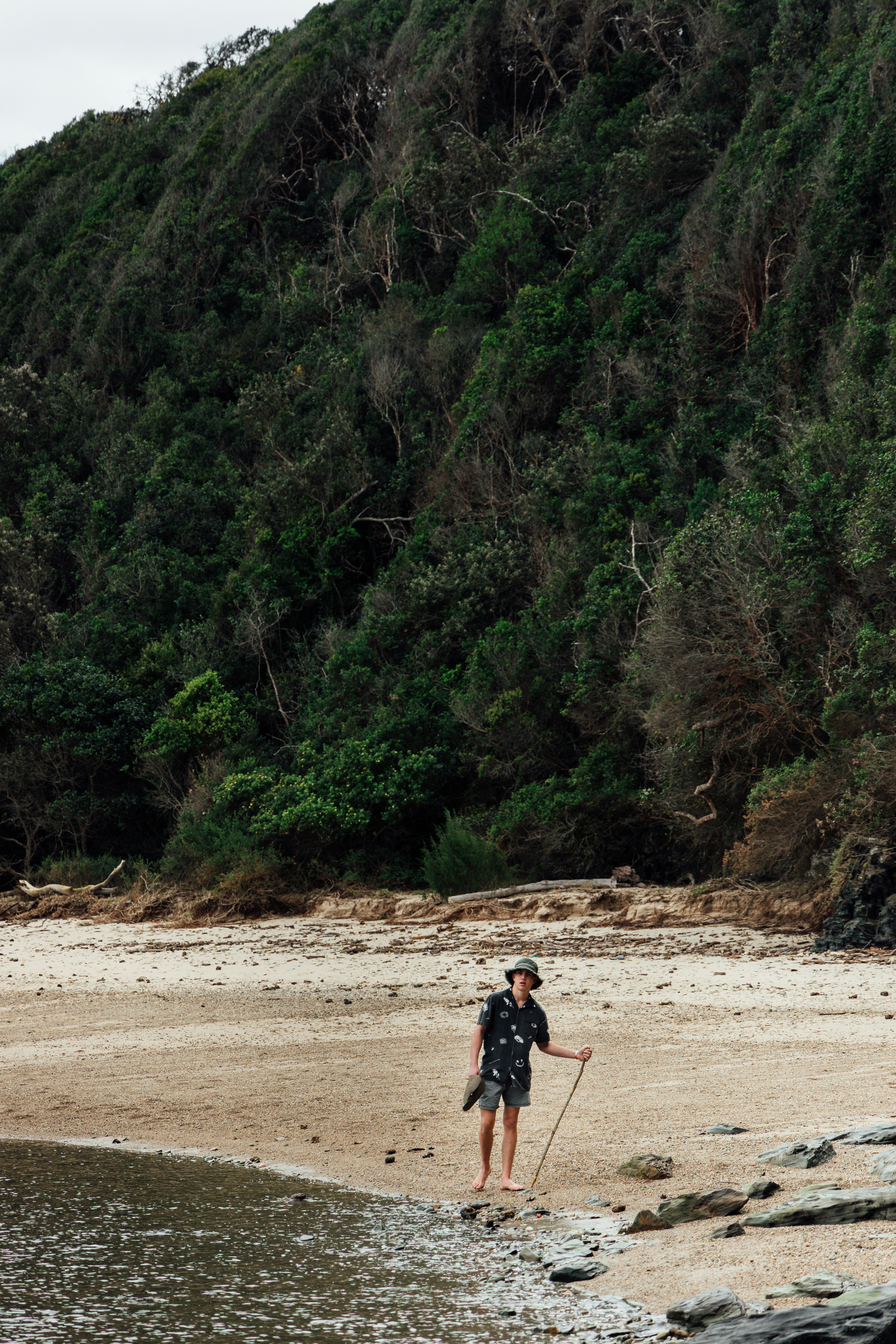 A lone figure stands on a sandy beach, surrounded by lush greenery and rocky outcrops, enjoying the tranquility of the coastal landscape.