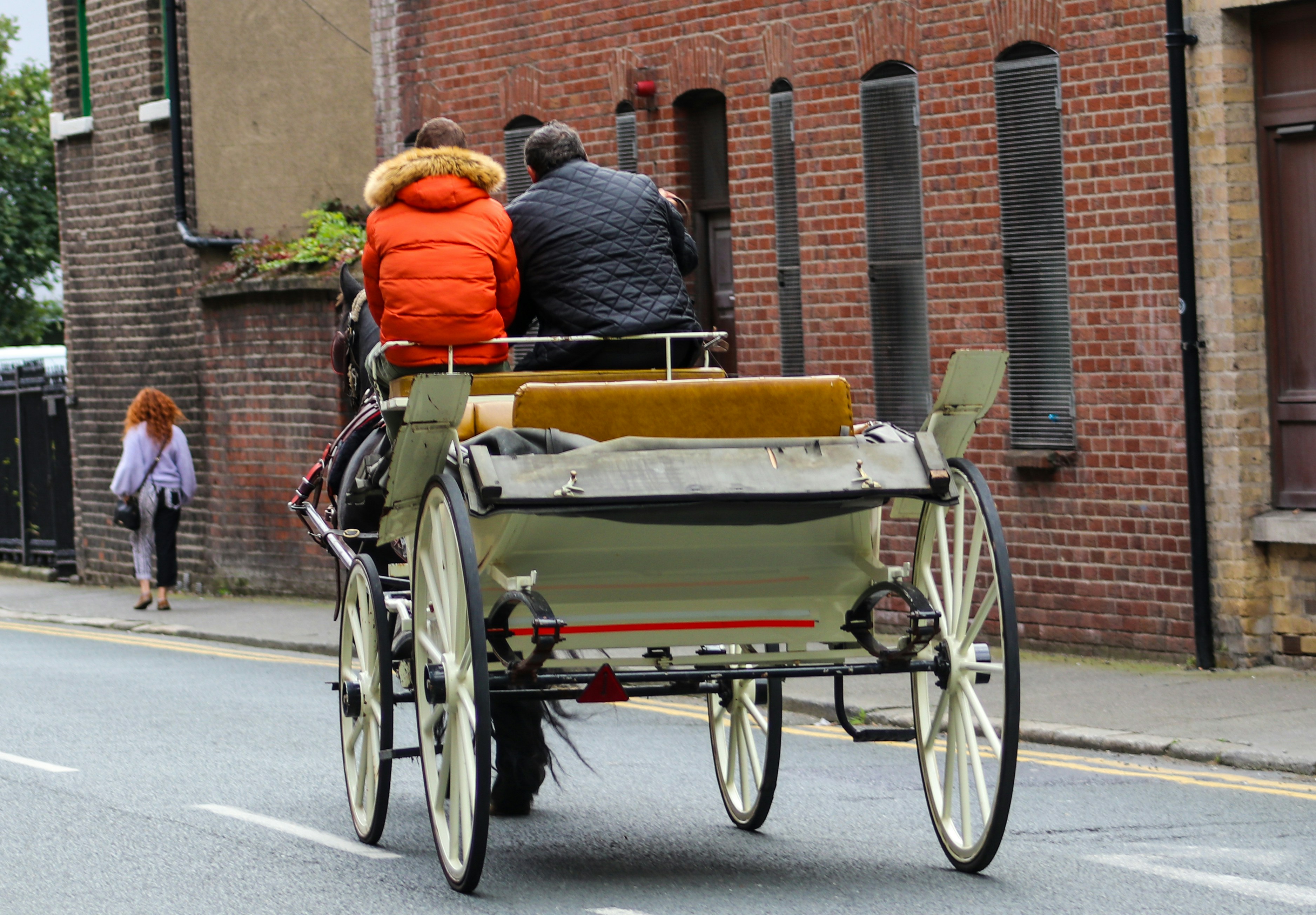 man in black jacket and orange knit cap riding on brown wooden cart