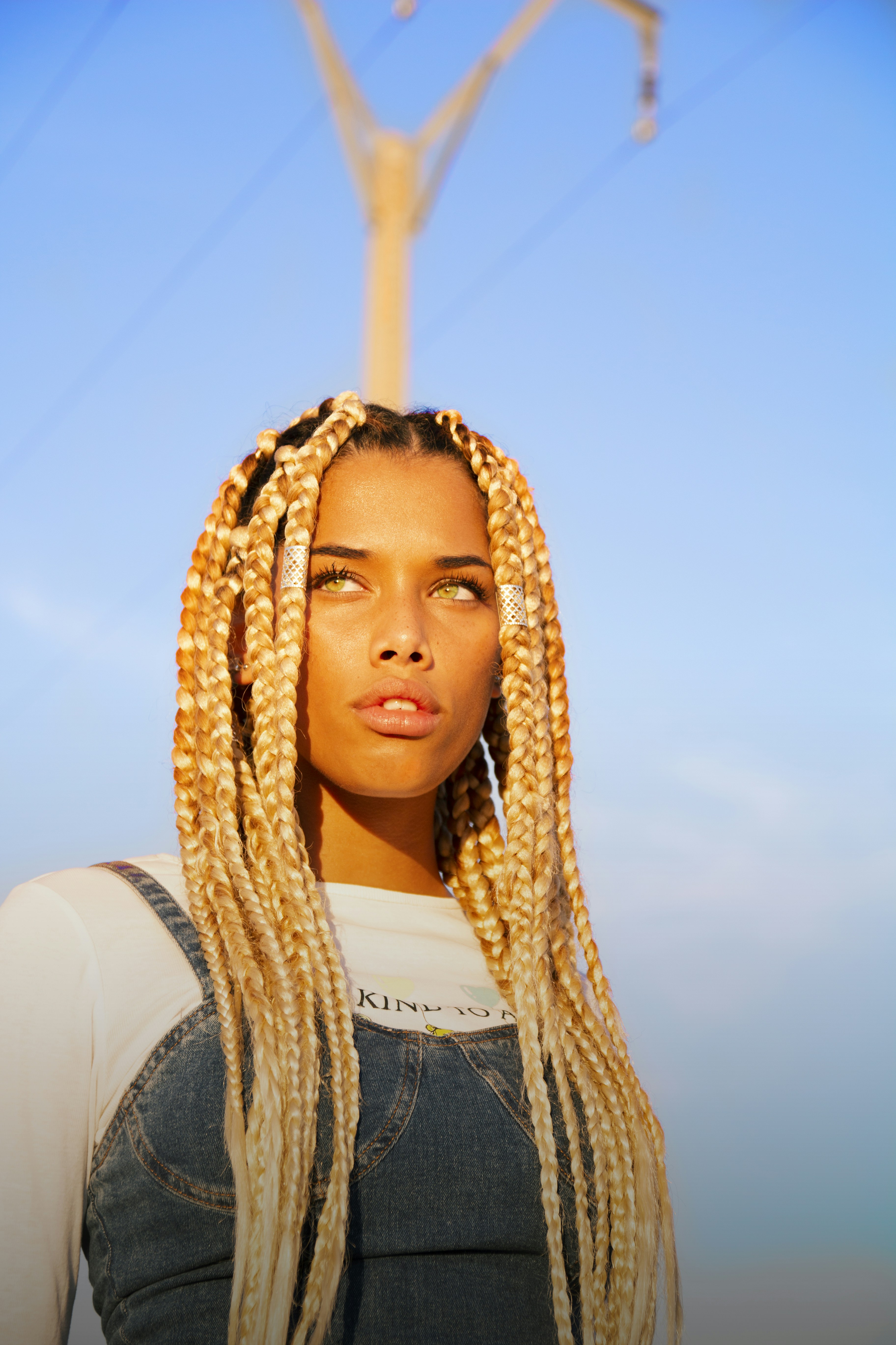 Braids in the Blue: A Portrait Framed by a Subtle Powerline Backdrop