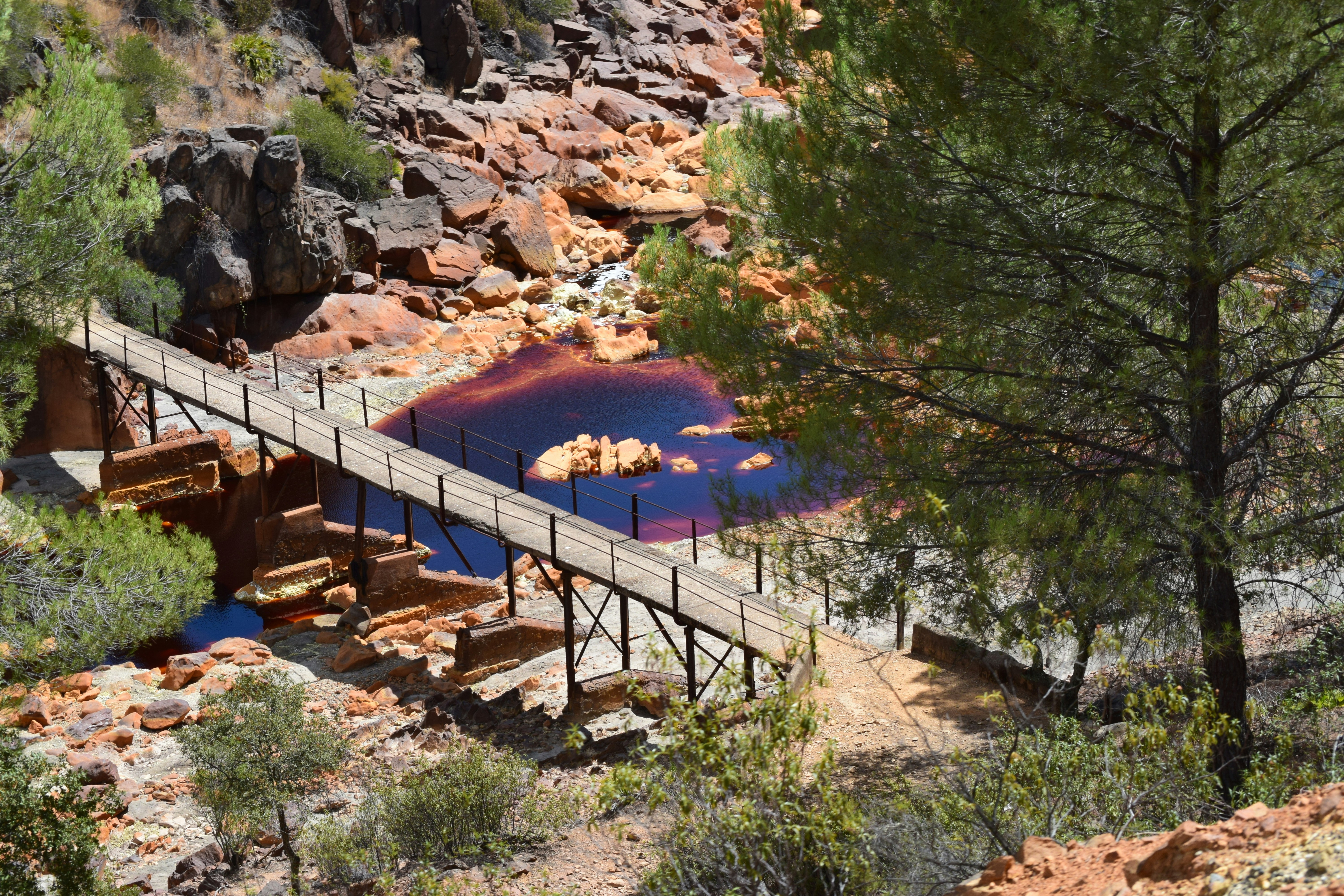 Bridge Over a Violet Pool in a Rust-Red Canyon