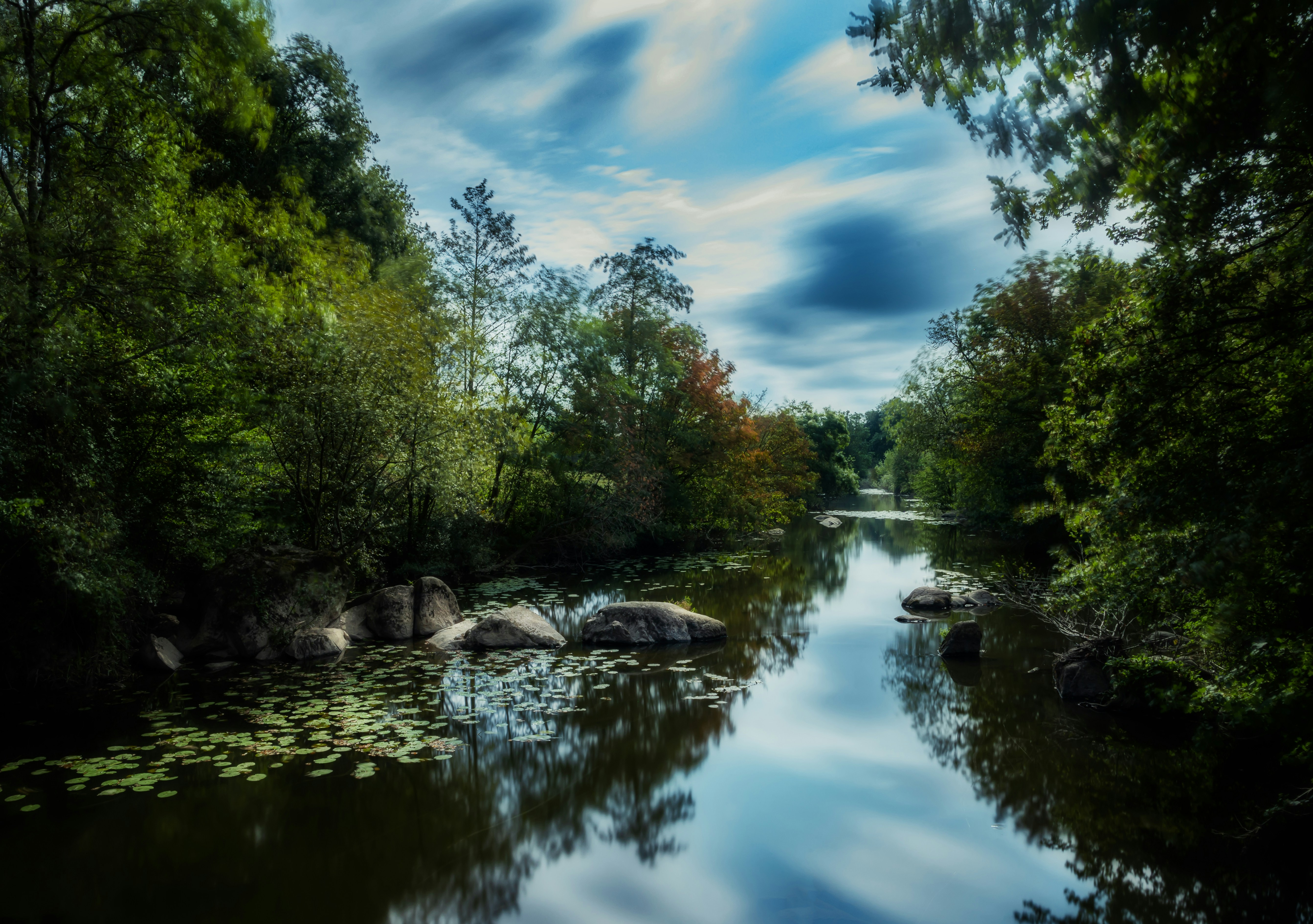 Mirror Bend: Forest River Under a Sky in Motion