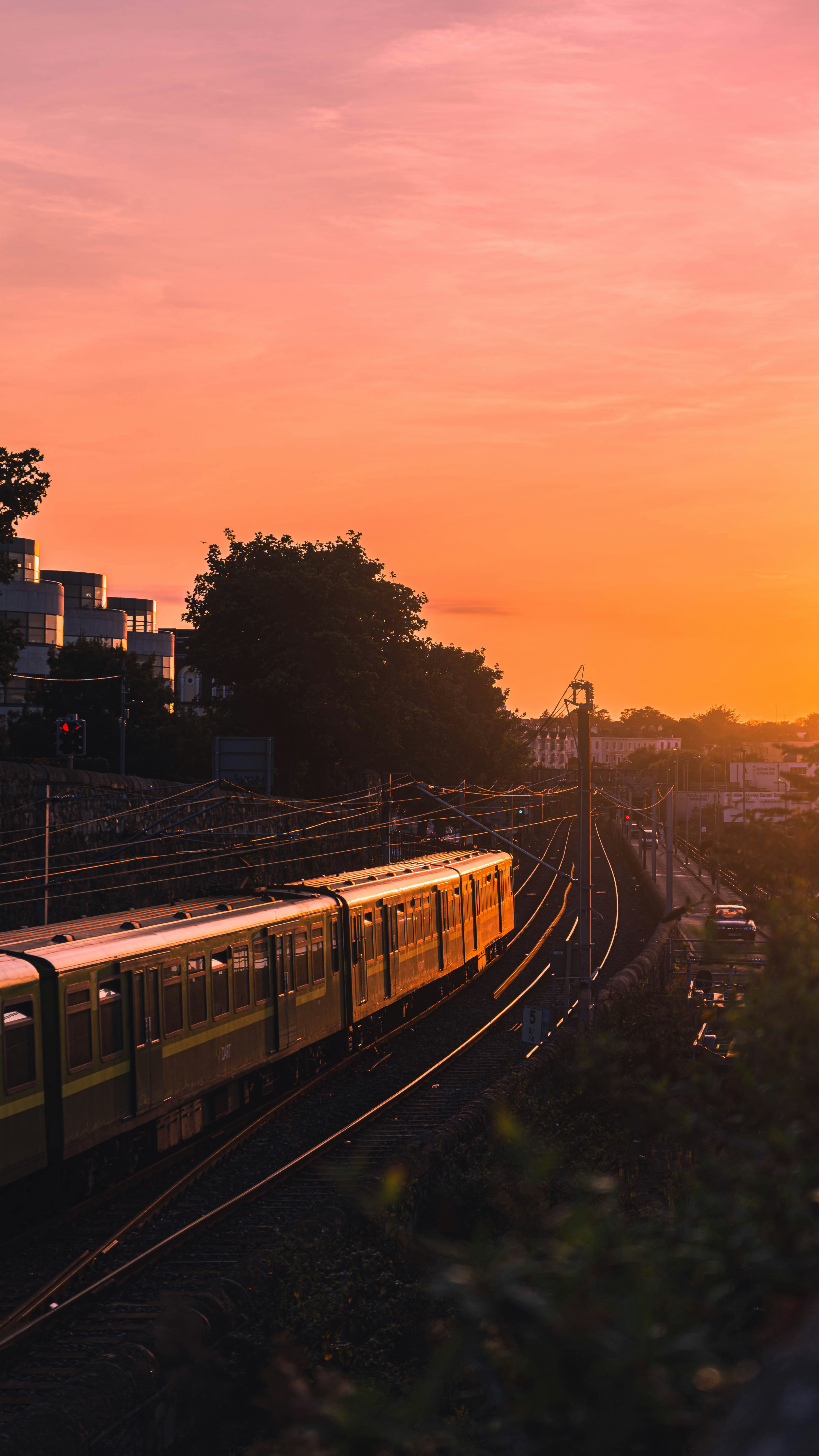 A vibrant train gliding along curved tracks beneath a colorful sunset, framed by silhouetted trees and buildings.