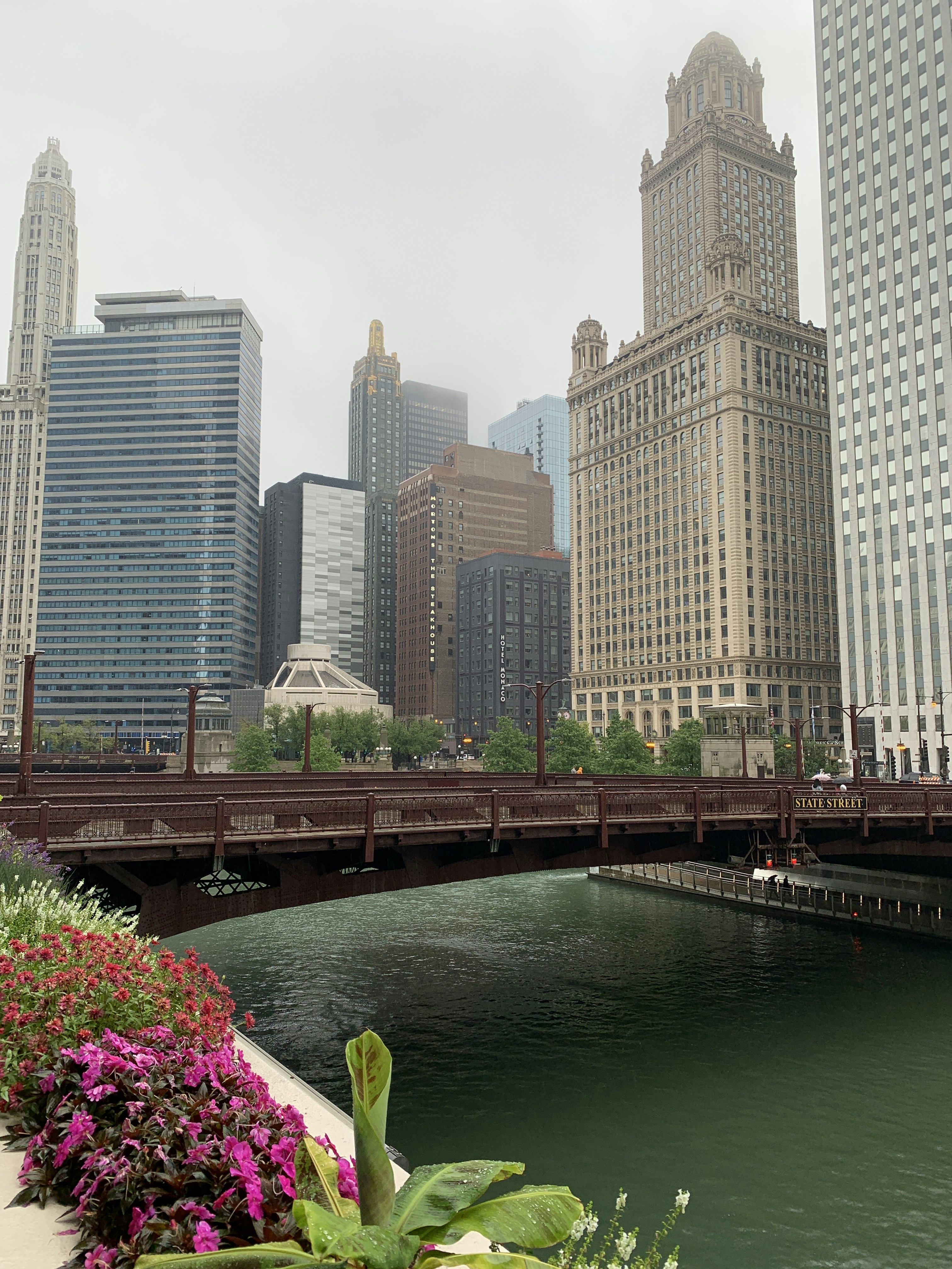 Riverfront Core: Classic Chicago Skyline Over a Red Bridge