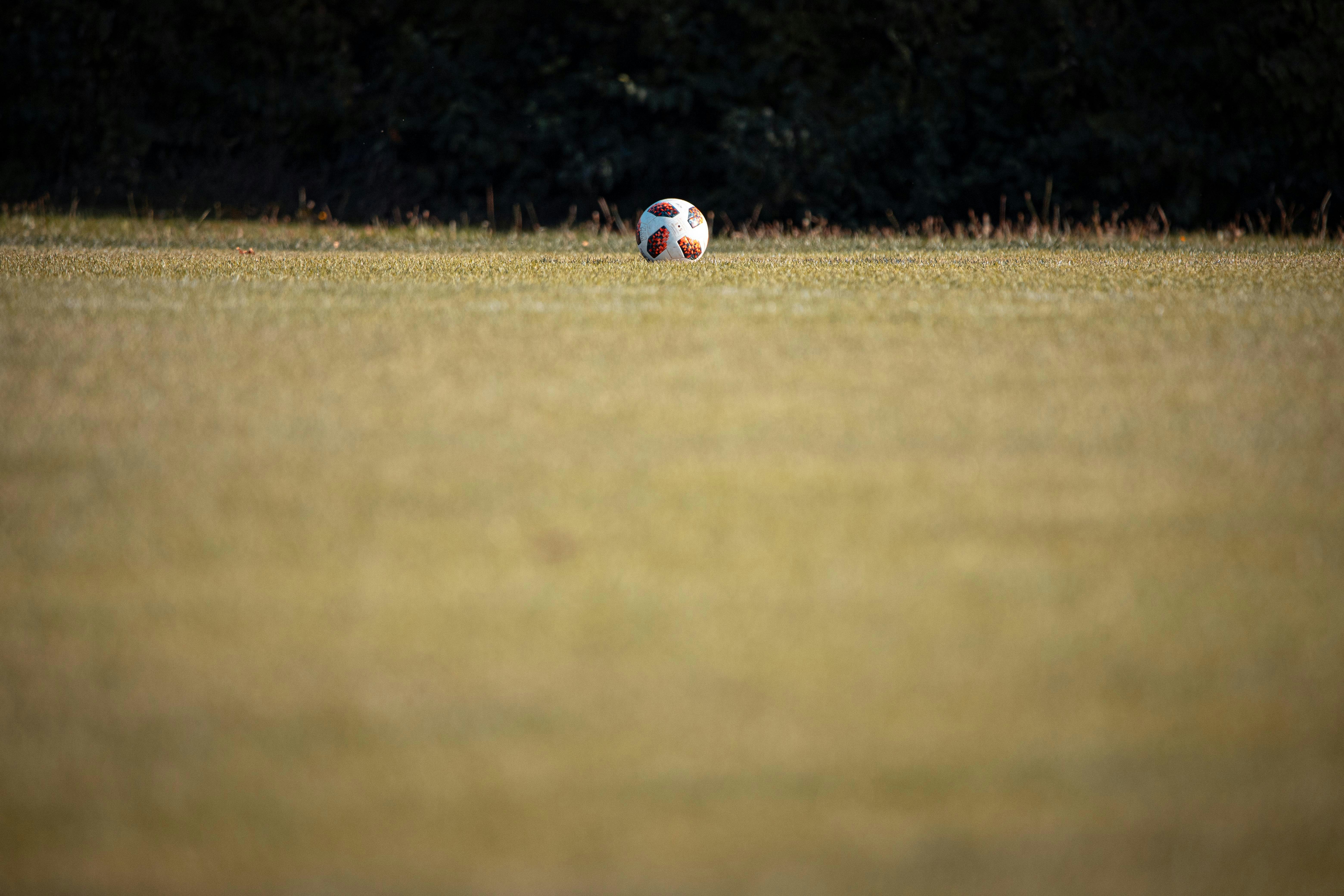 white blue and red soccer ball on green grass field during daytime